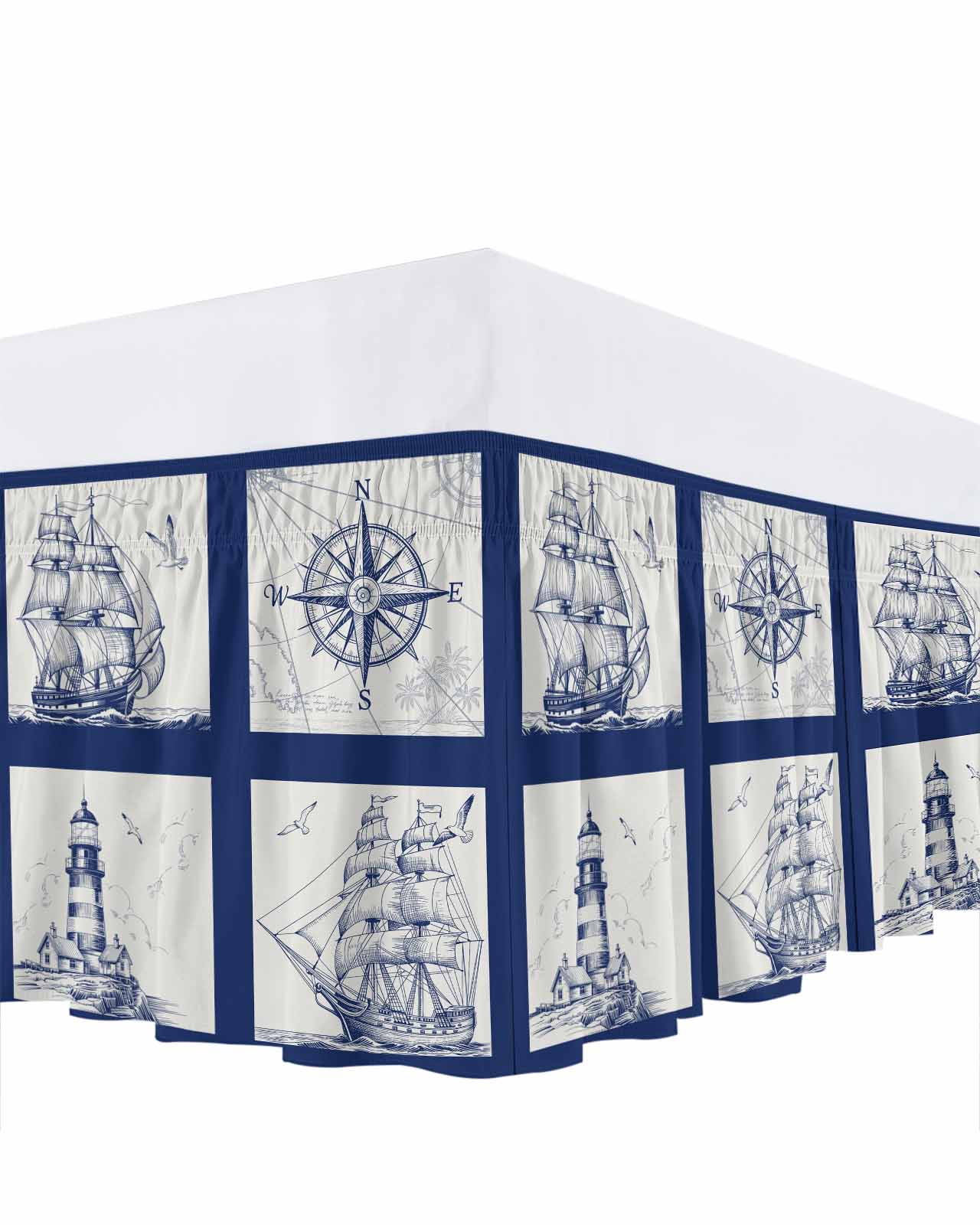 Ocean Ship Ruffle Bed Skirt Queen Size Lighthouse Compass Retro Blue ...