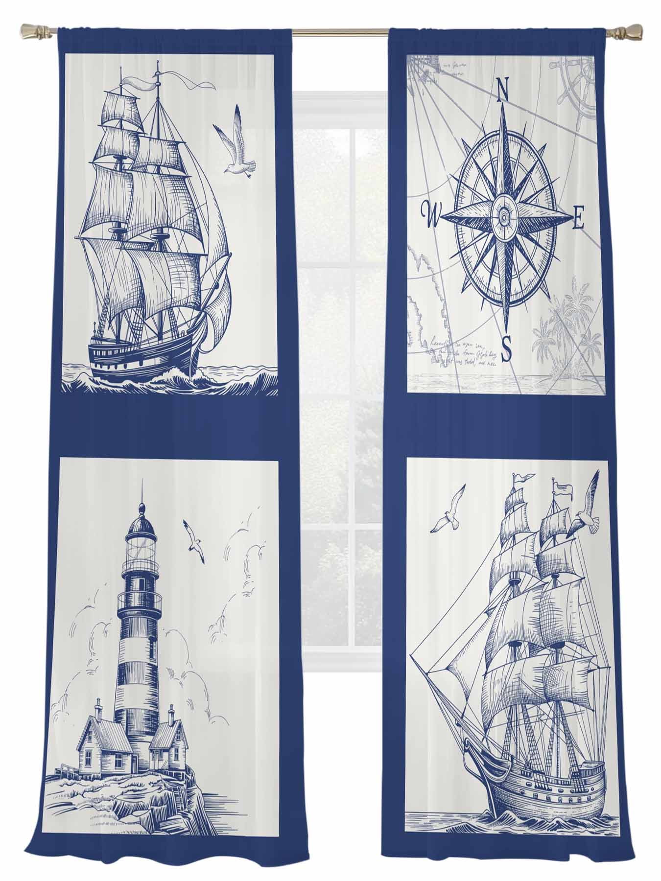 Ocean Ship Sheer Curtains 108 Inch Long 2 Panels, Lighthouse Compass ...