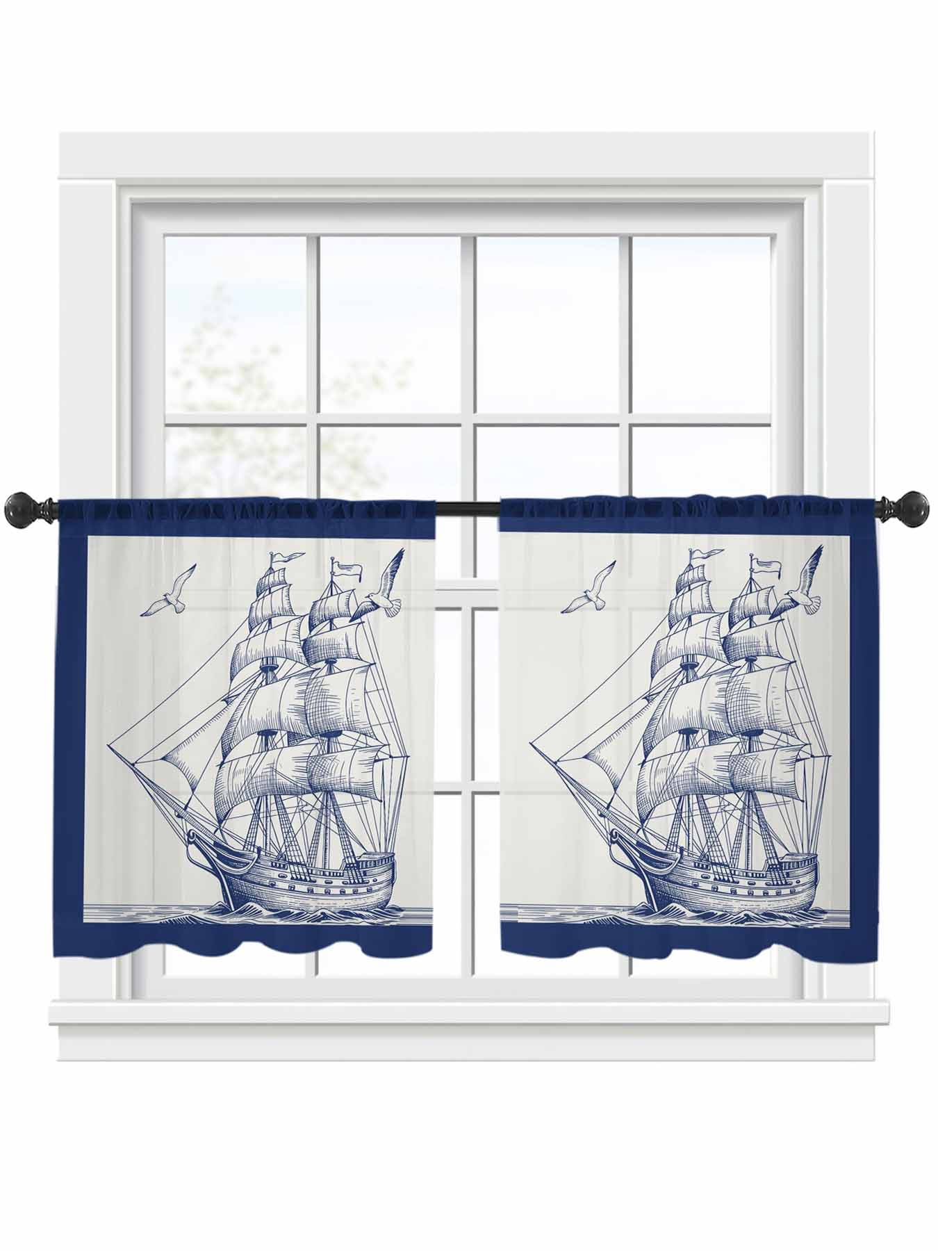 Ocean Ship Sheer Curtains 45 Inch Long 2 Panels, Retro Boat Seagull ...