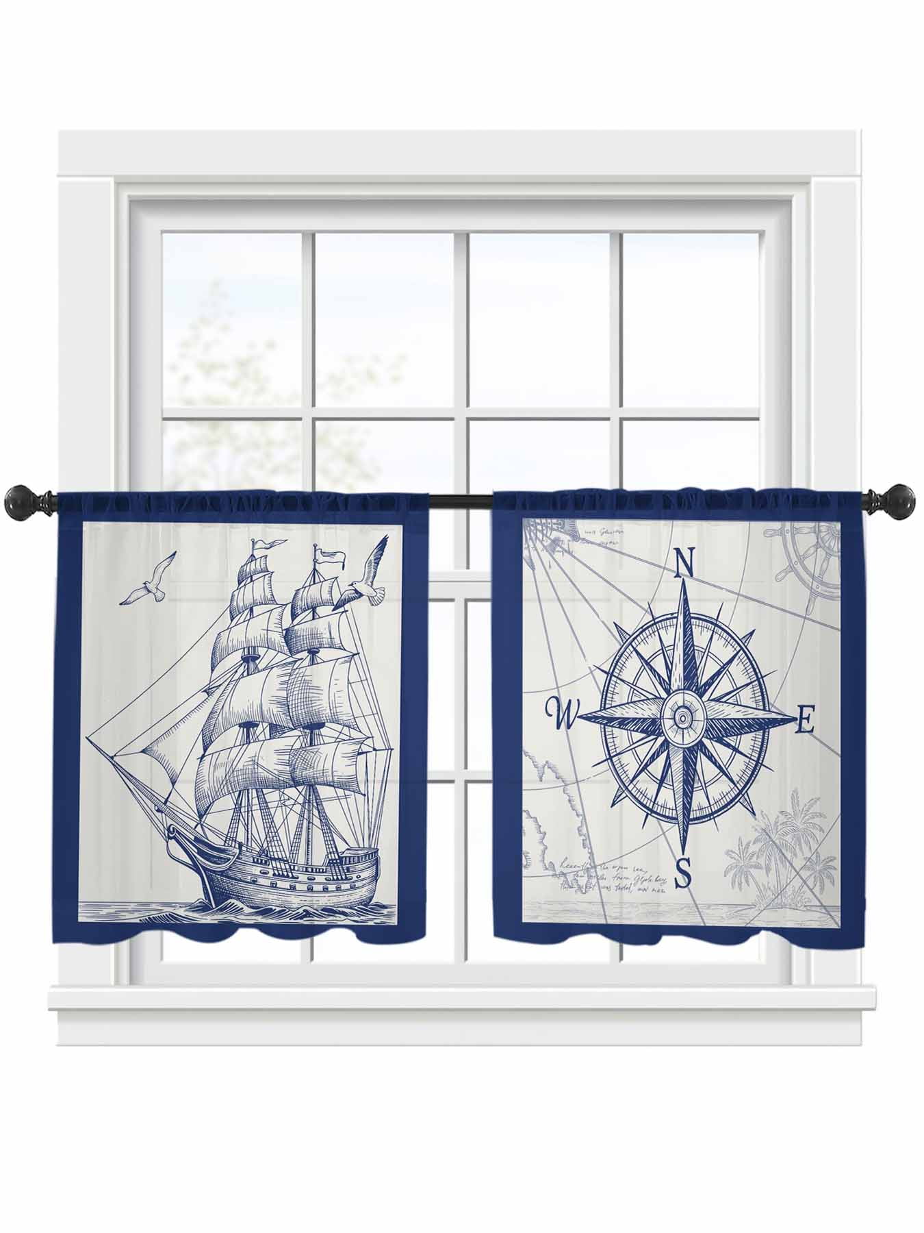 Ocean Ship Sheer Curtains 54 Inch Long 2 Panels, Lighthouse Compass ...