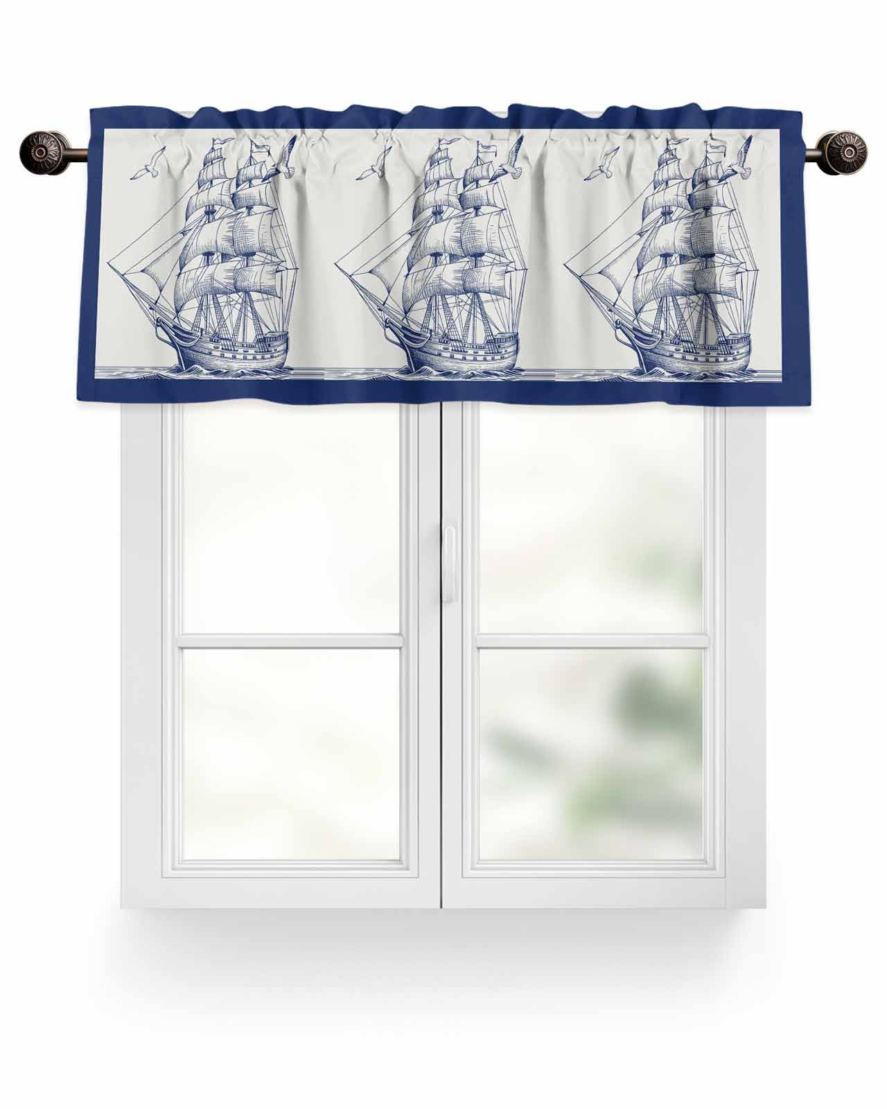 Ocean Ship Valances for Windows Retro Boat Seagull Vintage Blue Lines ...