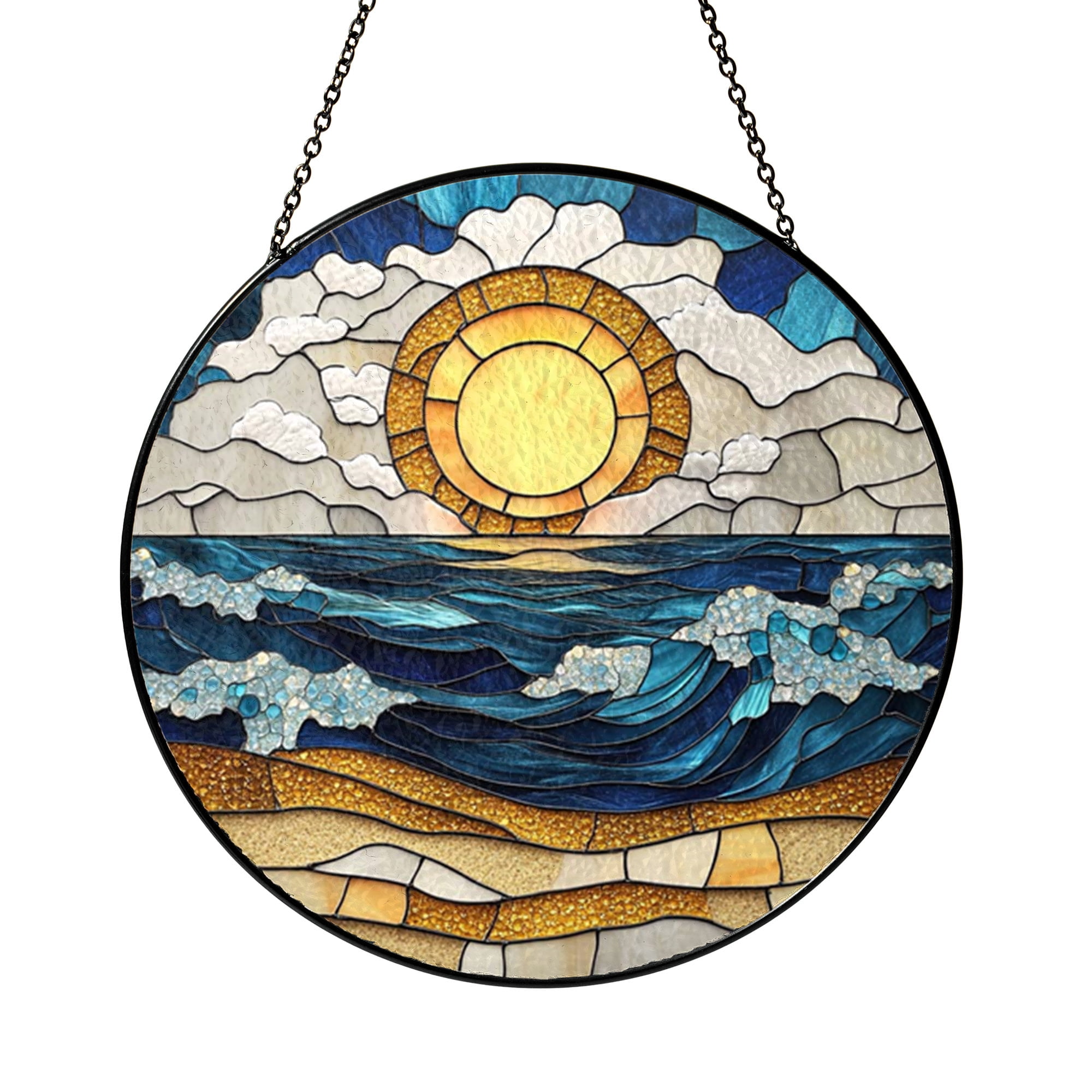 Ocean Shore Sunlight Stained Glass Style Round Suncatcher – Coastal ...