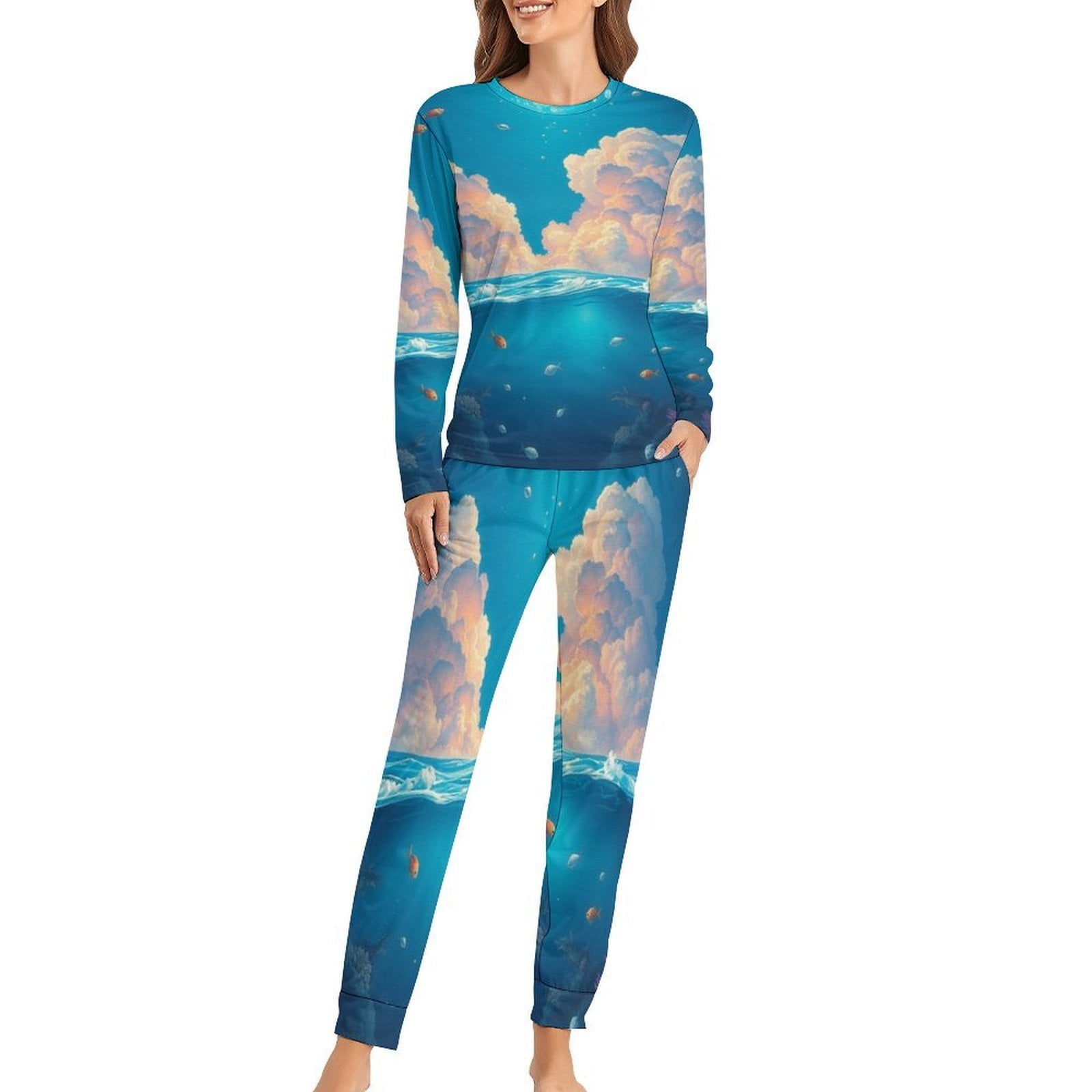 Ocean Sky Clouds Fish Pajamas Woman Two Piece Design Long Sleeves ...