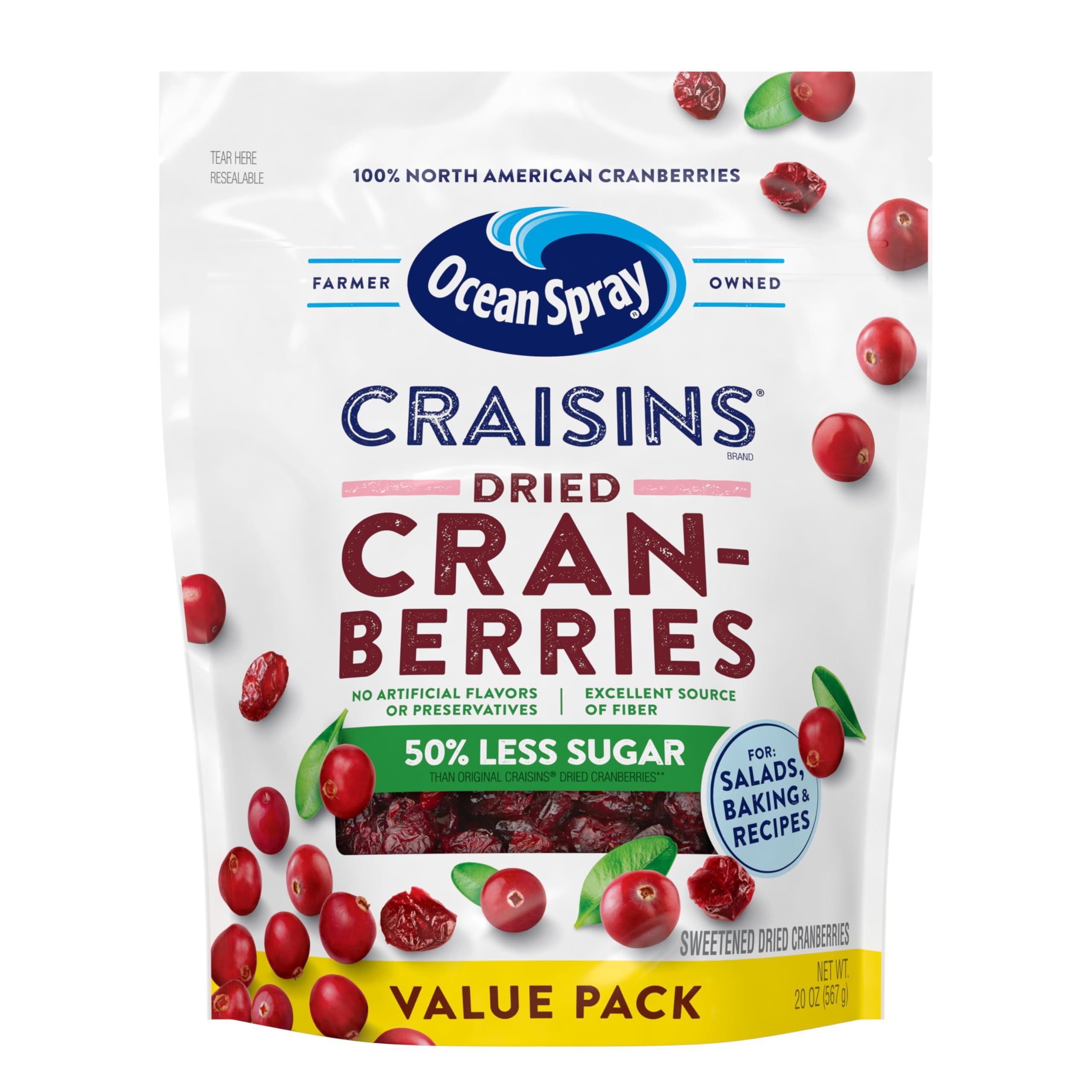Ocean Spray Craisins Dried Cranberries, Reduced Sugar, 20 Ounce ...