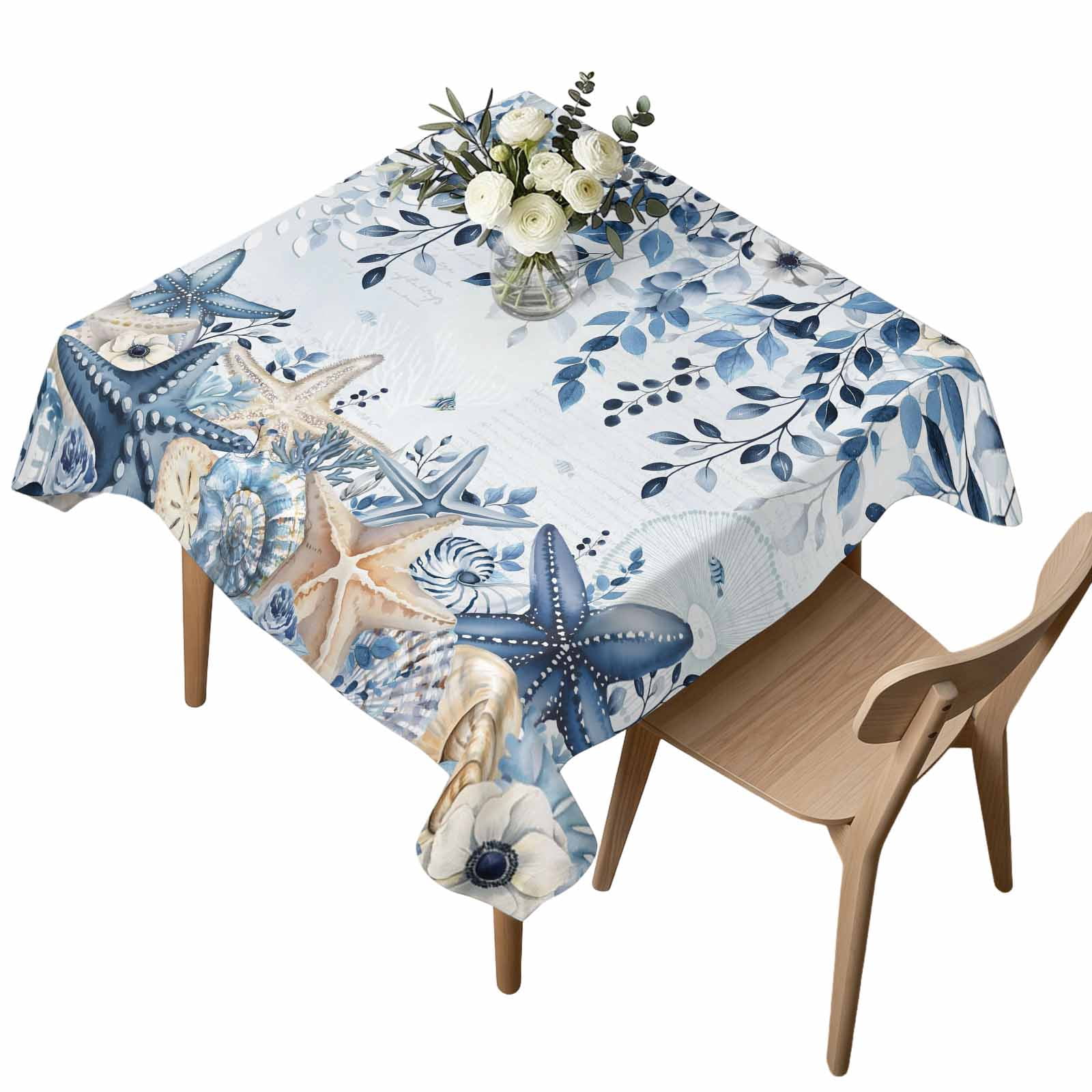 Ocean Square Tablecloth Blue Beige Starfish Shells Plant Leaves Flowers ...