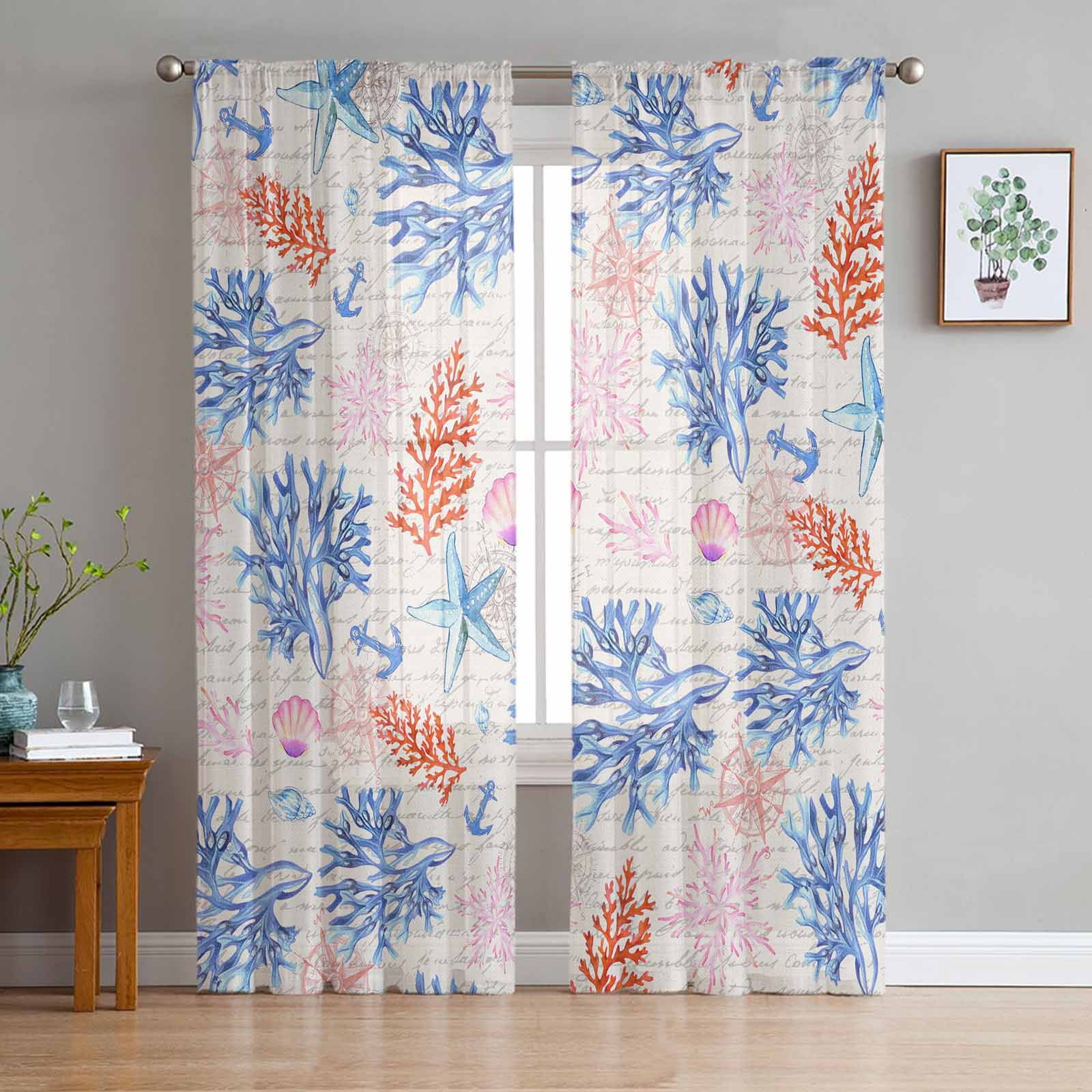 Ocean Star Shells Sheer Curtains for Living Room Kitchen Tulle Window ...