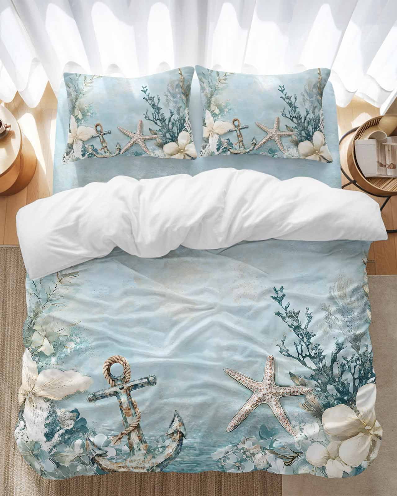 Ocean Starfish Anchor Bedding Duvet Cover Set Queen Size 4 Pieces Coral ...