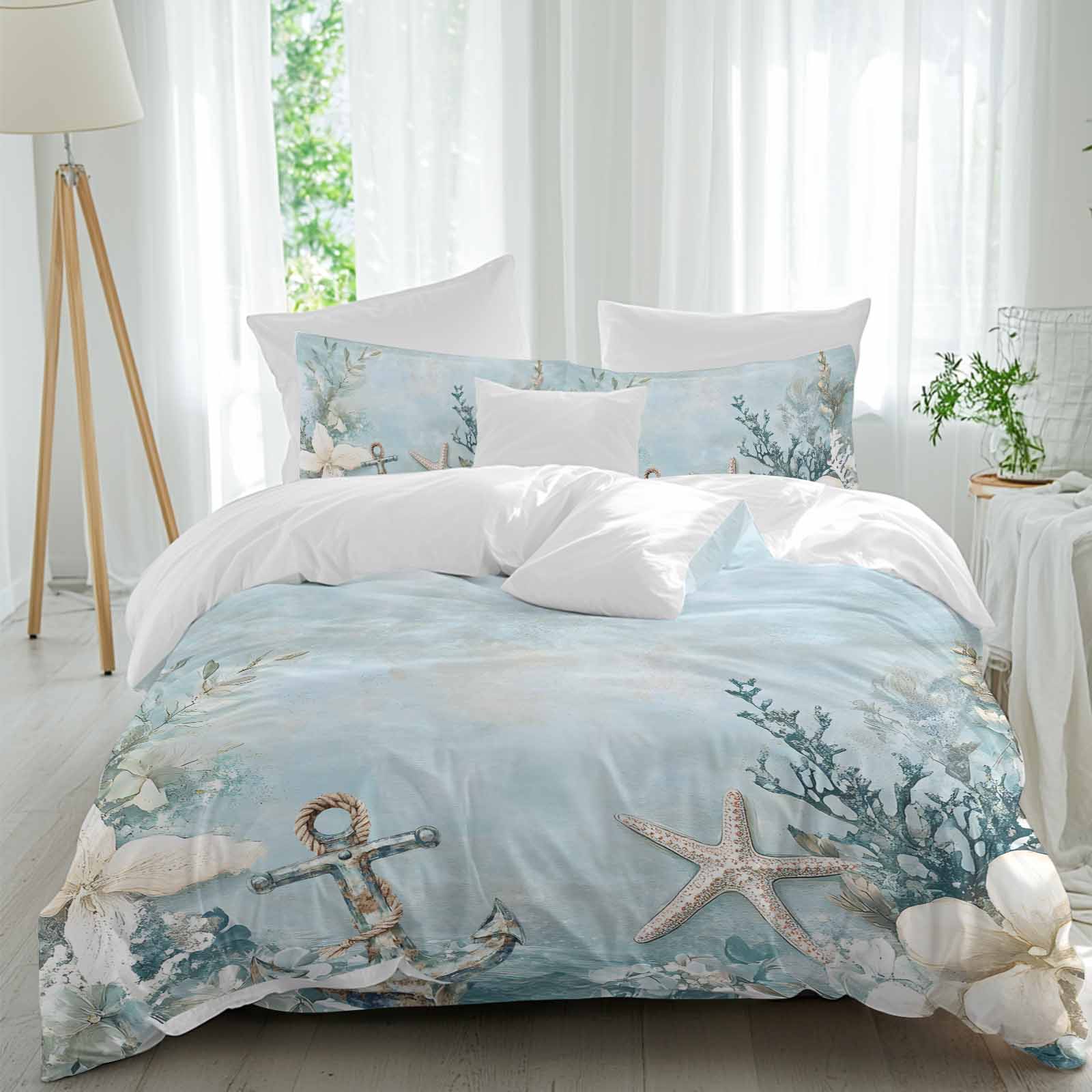 Ocean Starfish Anchor Duvet Cover Set Queen Size Coral Flower Blue ...