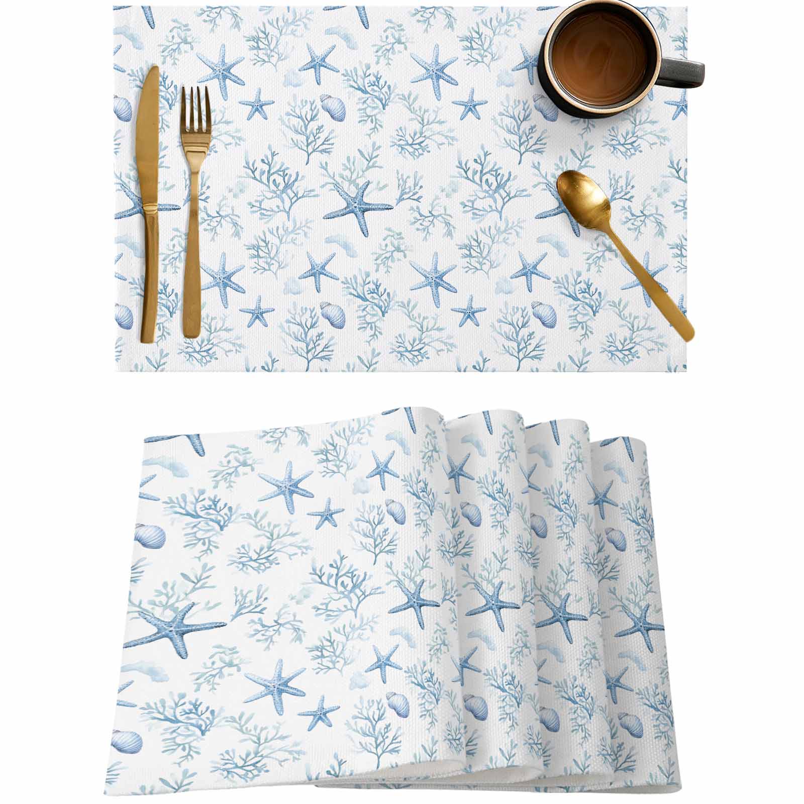 Ocean Starfish Blue Coral Placemats Set of 4,Wipeable Washable Table ...