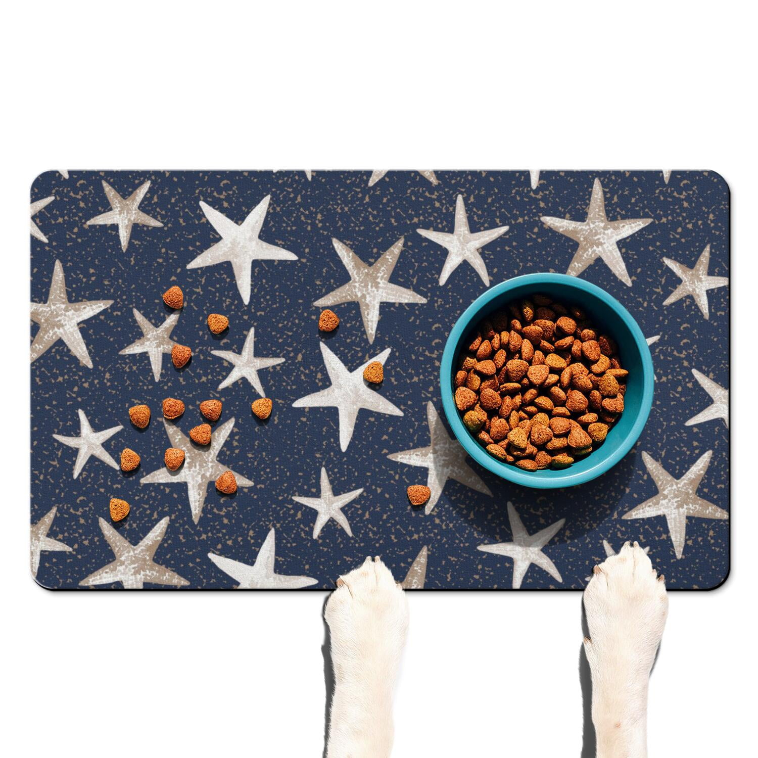 Ocean Starfish & Coral Dog Bowl Mat - Non-Slip Pet Food Spill Catcher ...