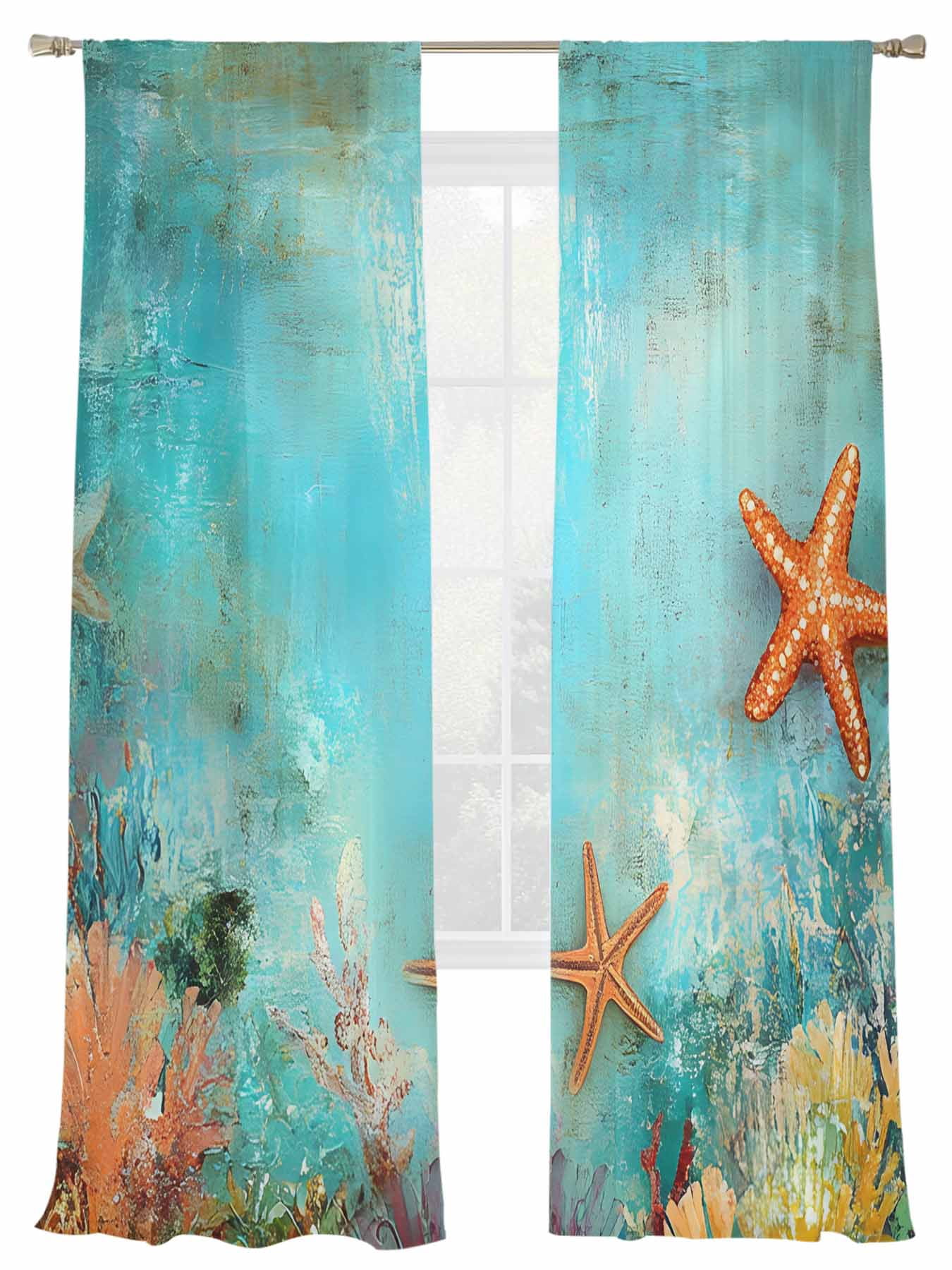 Ocean Starfish Coral Sheer Curtains 84 Inch Long 2 Panels, Marine Life ...