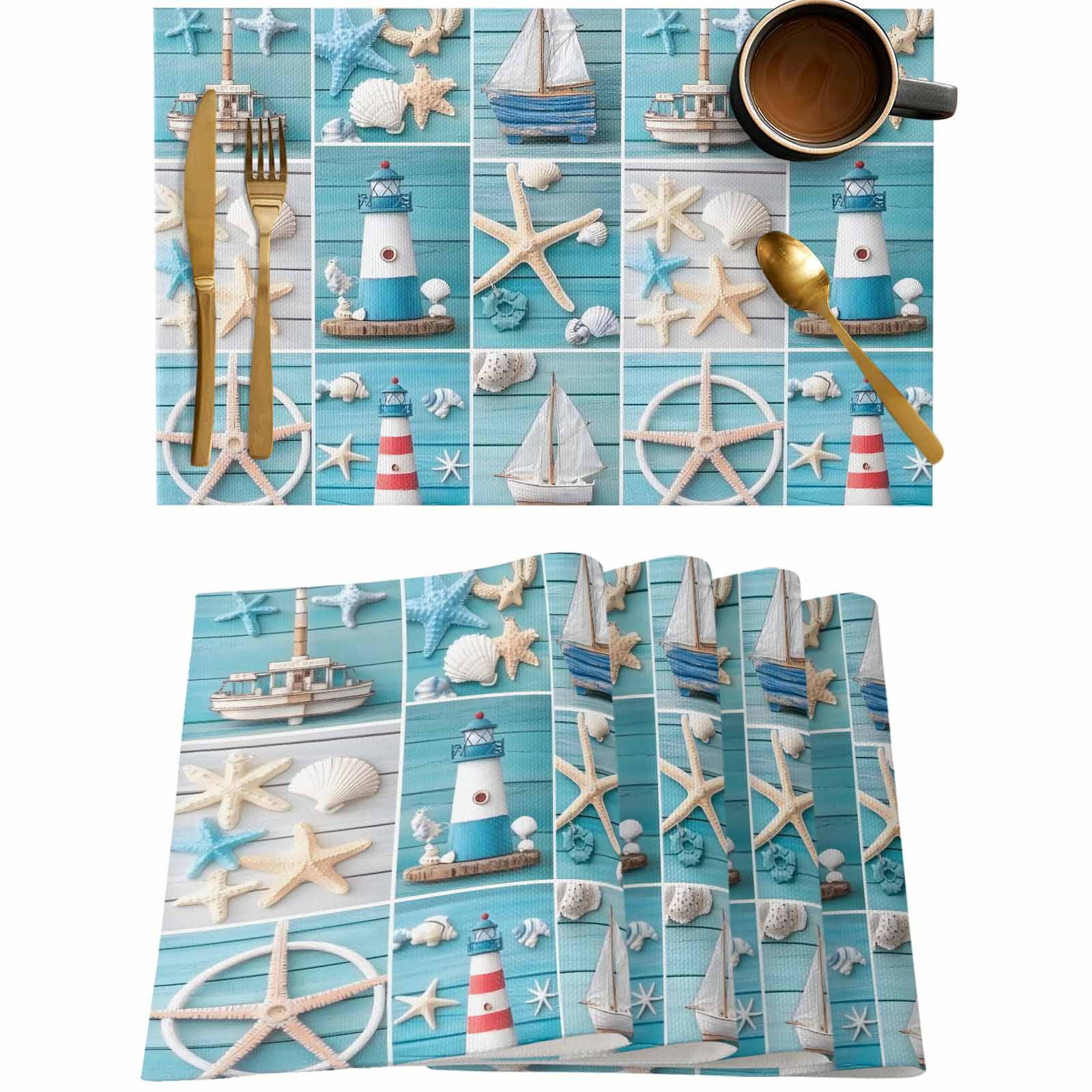Ocean Starfish Lighthouse Boat Placemats Set of 4,Wipeable Washable ...