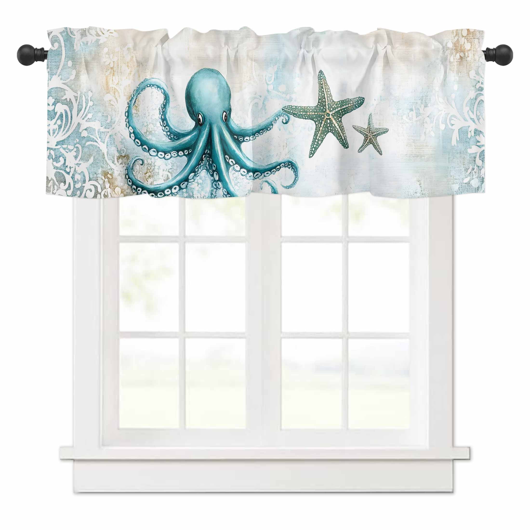 Ocean Starfish Octopus Valances for Windows Blue Sea Vintage Ocean ...