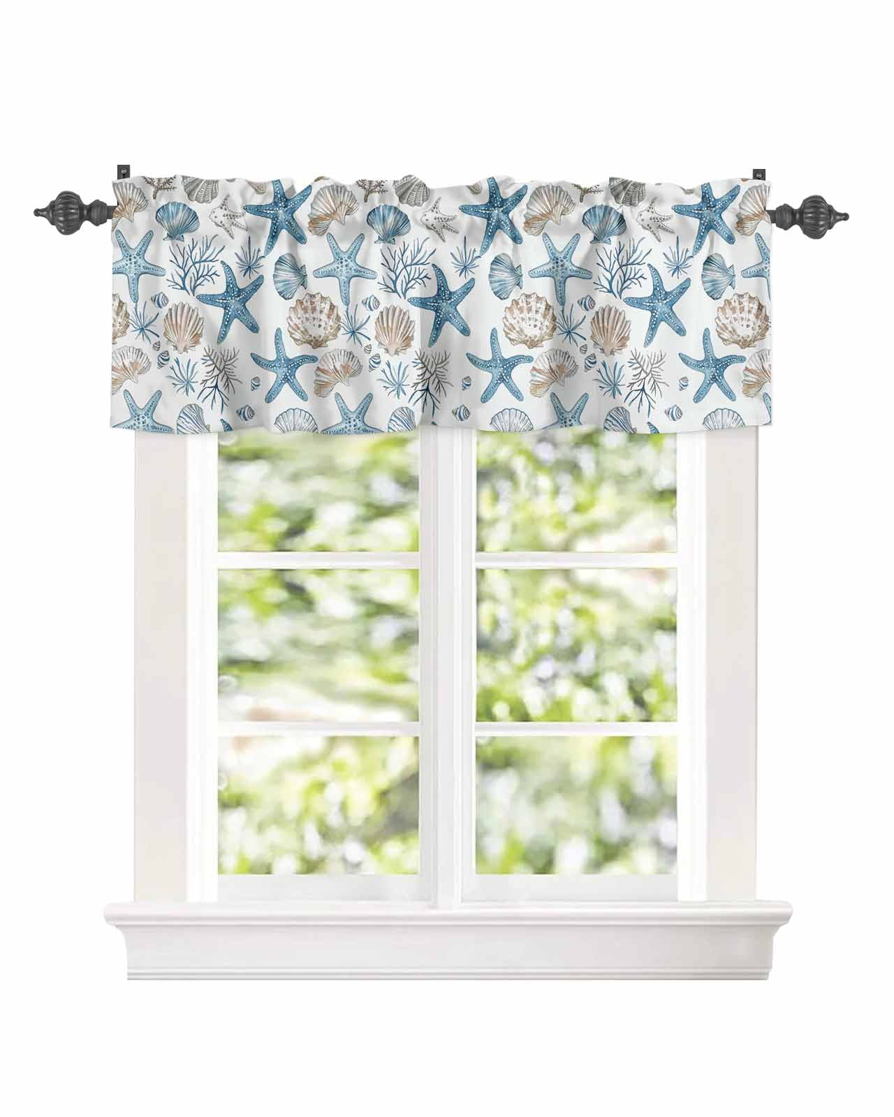 Ocean Starfish Seashell Coral Window Valances for Kitchen,Rod Pocket Valance Privacy Small ...