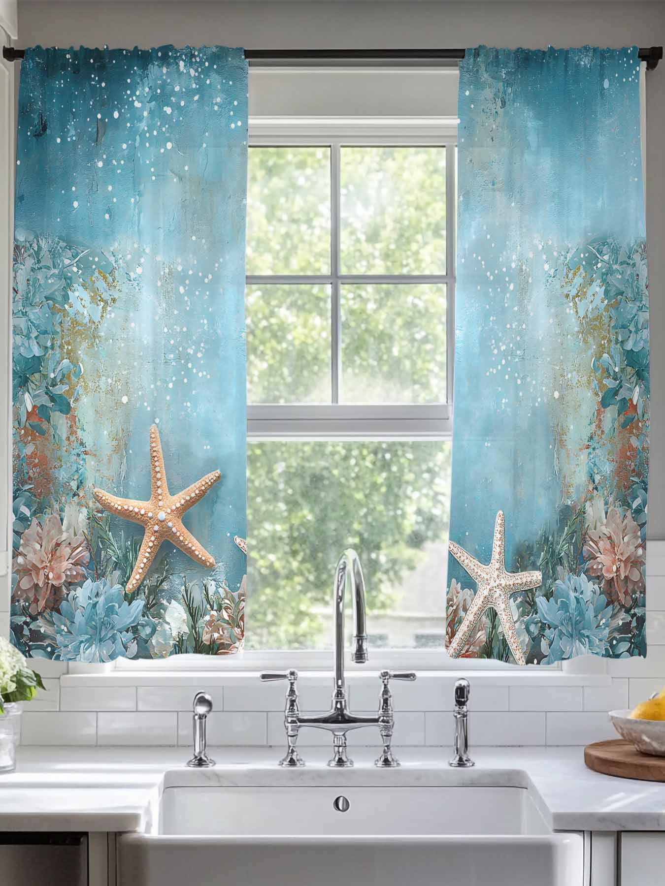 Ocean Starfish Sheer Curtains 72 Inches Long 2 Panels Marine Life Blue ...
