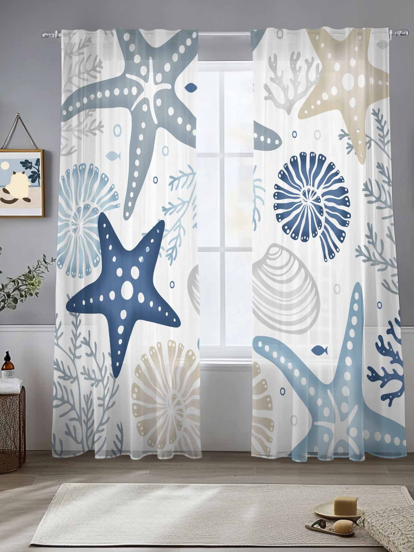 Ocean Starfish Shell Conch Chiffon Sheer Curtains 96 Inches Long, Sea ...