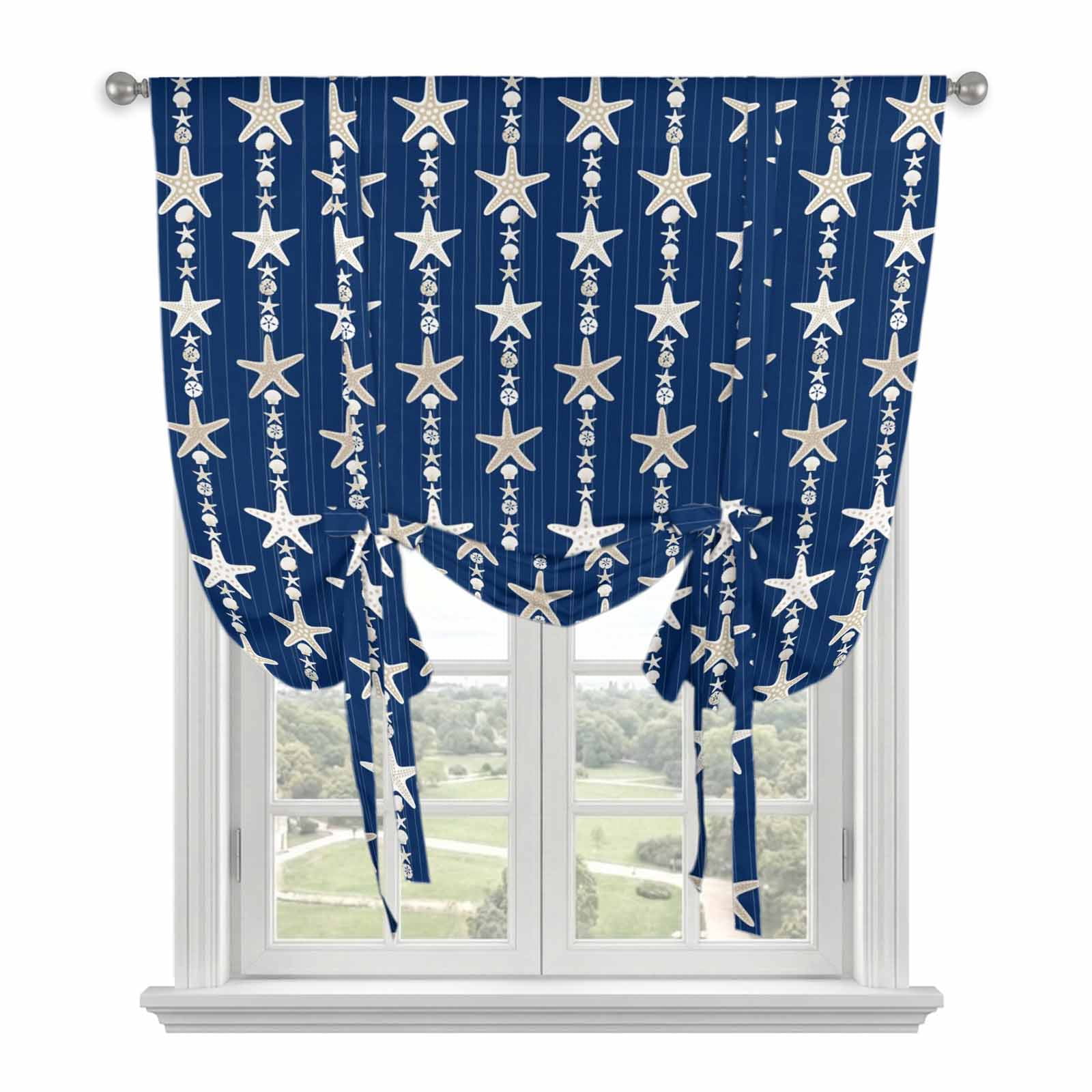 Ocean Starfish Tie Up Curtains, Retro Shell Starfish Blue White Texture ...