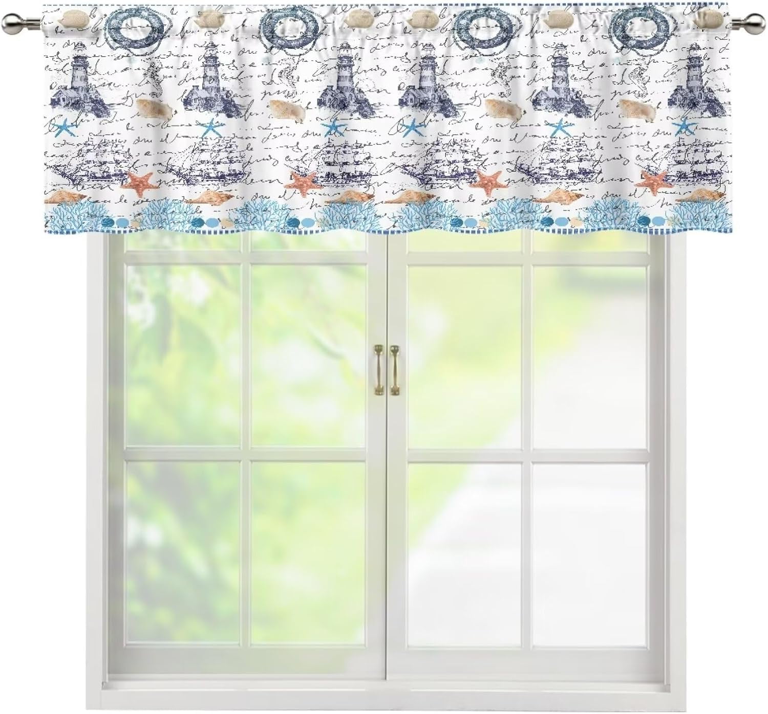 Ocean Starfish Valance Curtains for Kitchen, Blue Hand Painted Sailboat ...