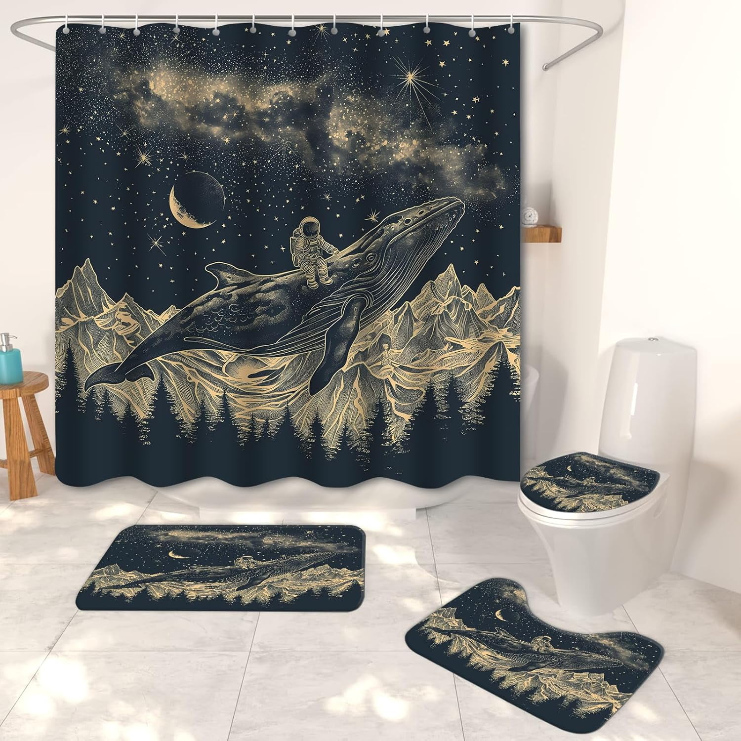 Ocean Starry Night Shower Curtain Set Includes Waterproof Polyester ...