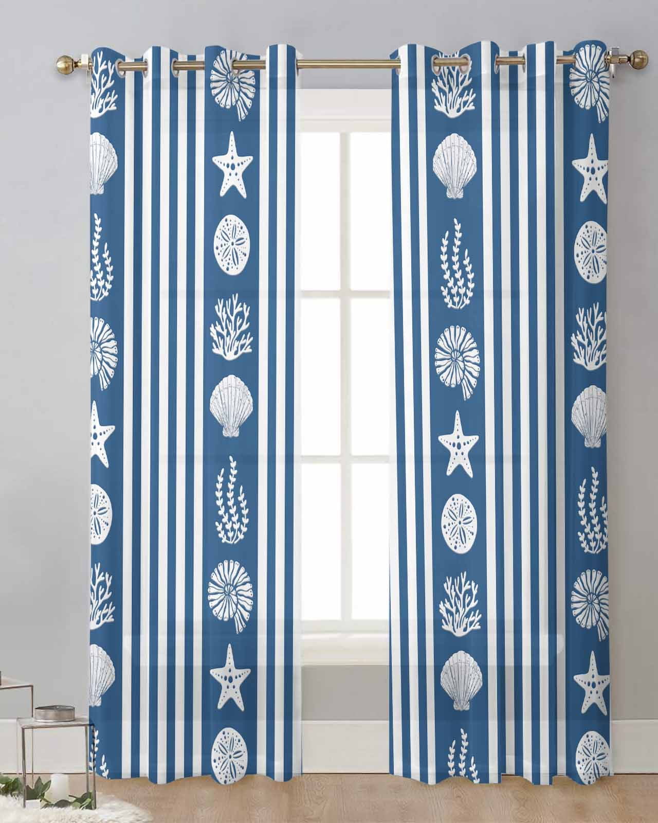 Ocean Striped Star Jelly Corals Deep Blue Modern Tulle Curtains Voile ...