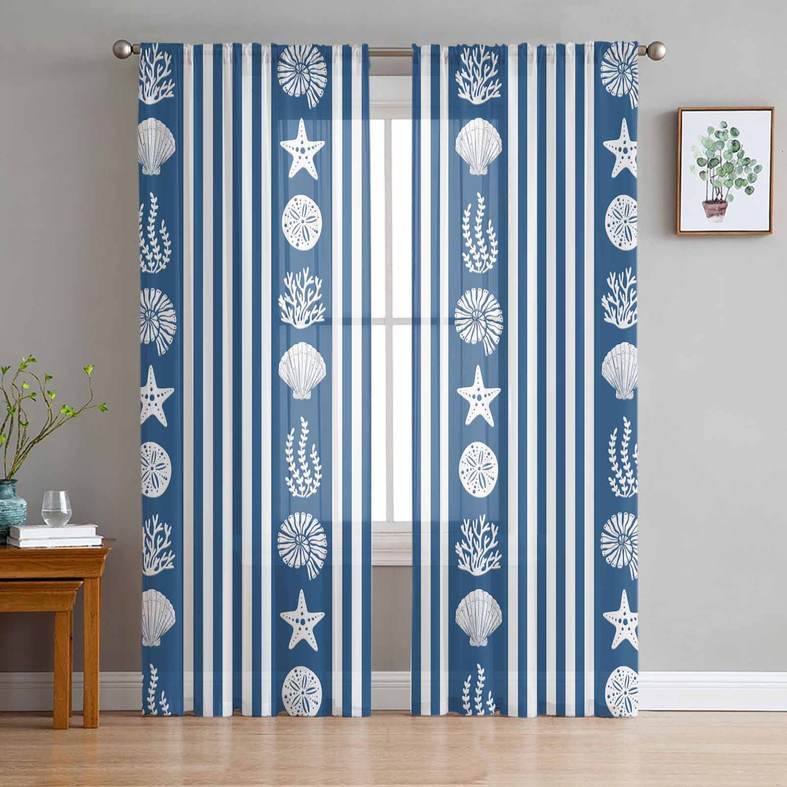 Ocean Striped Star Jelly Corals Deep Blue Sheer Curtain Living Room ...