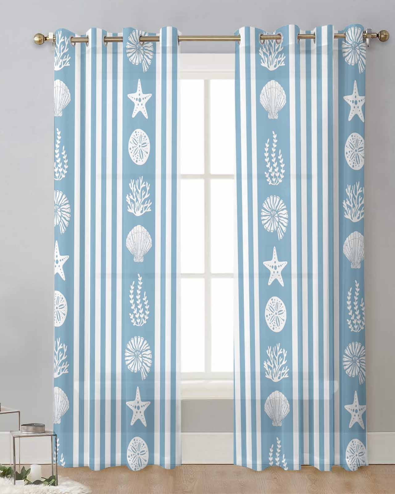 Ocean Striped Star Shell Jelly Coral Blue Sheer Curtains for Living ...