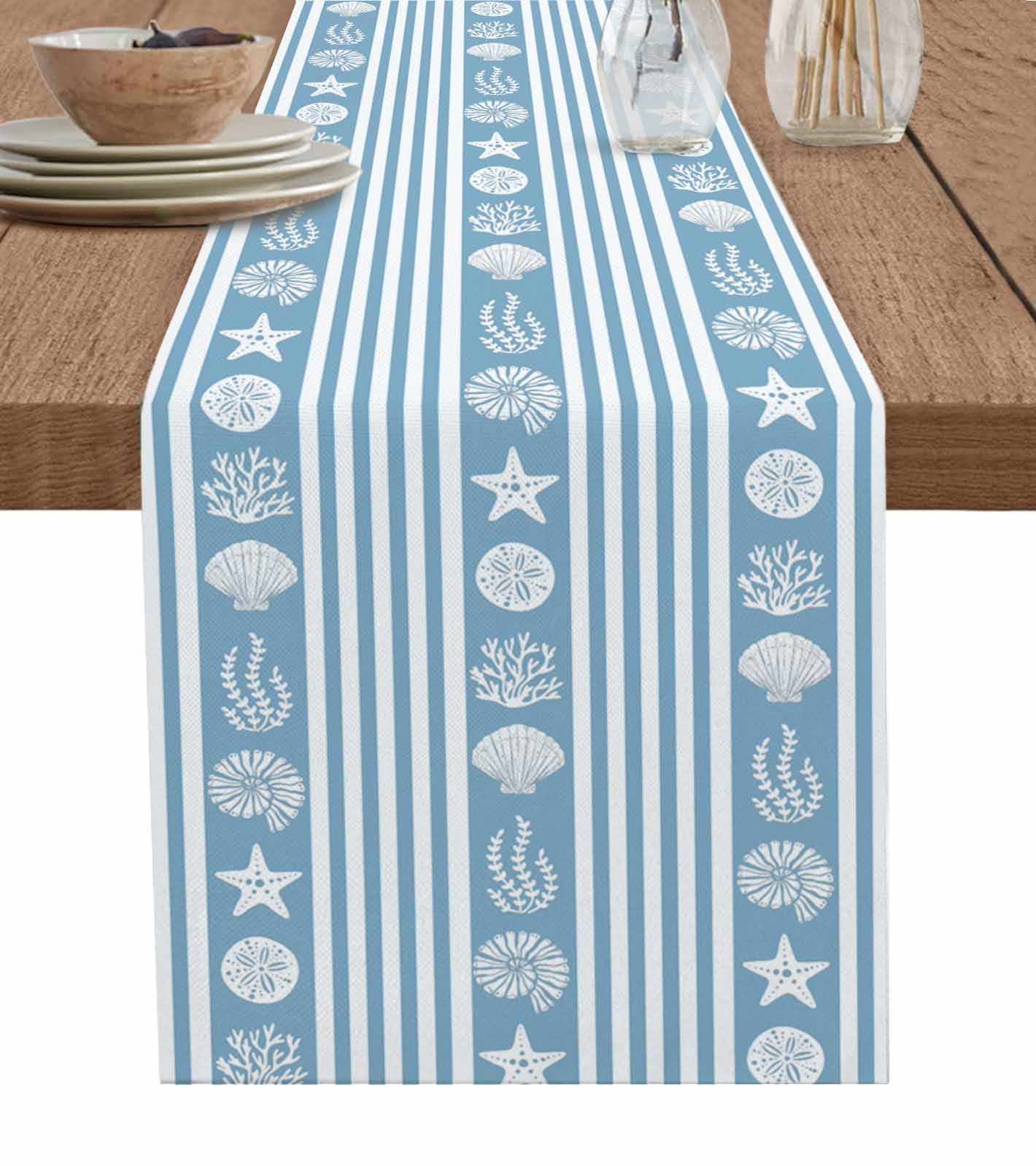 Ocean Striped Star Shell Jelly Coral Blue Table Runner Wedding Table ...