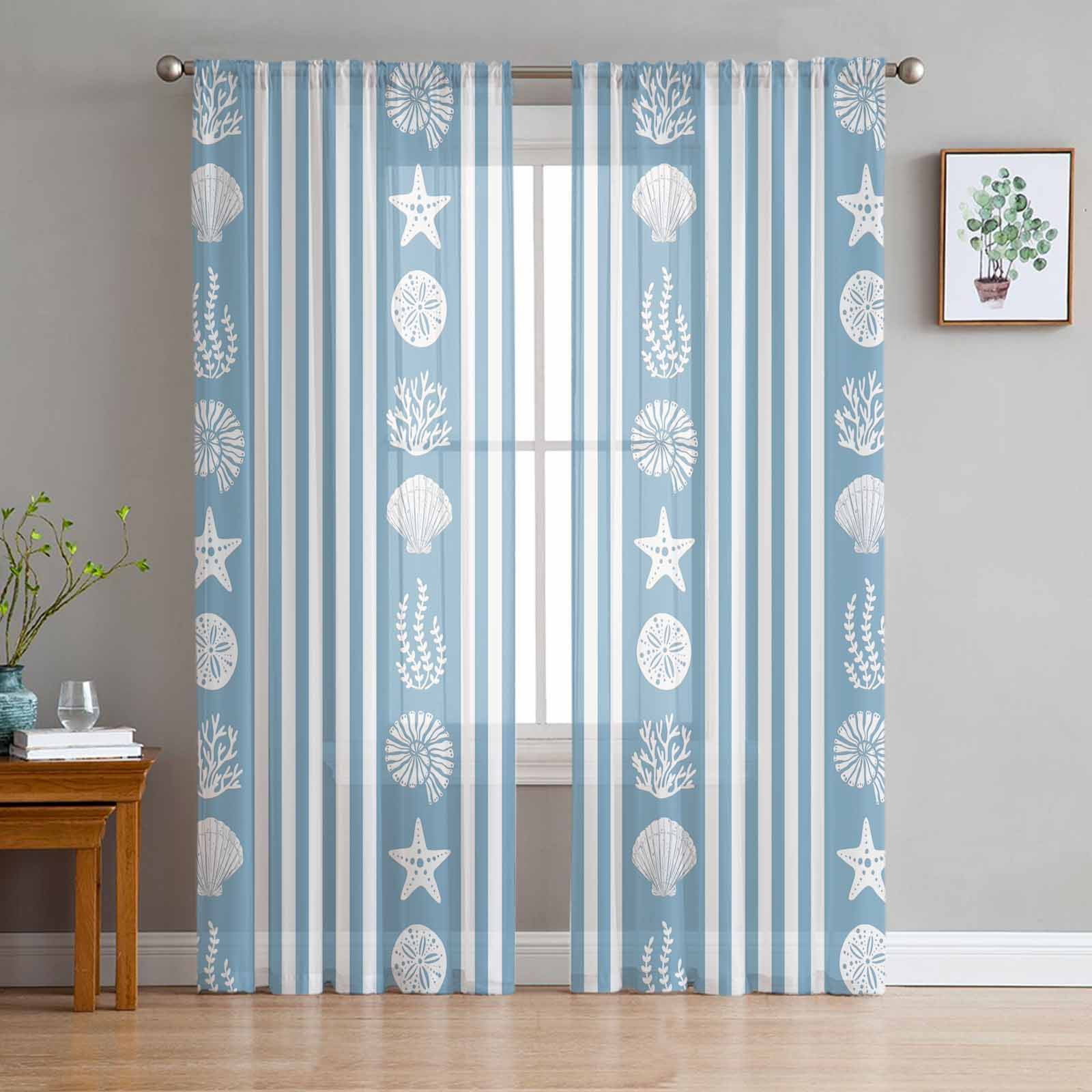Ocean Striped Star Shell Jelly Coral Blue Tulle Curtains for Living ...