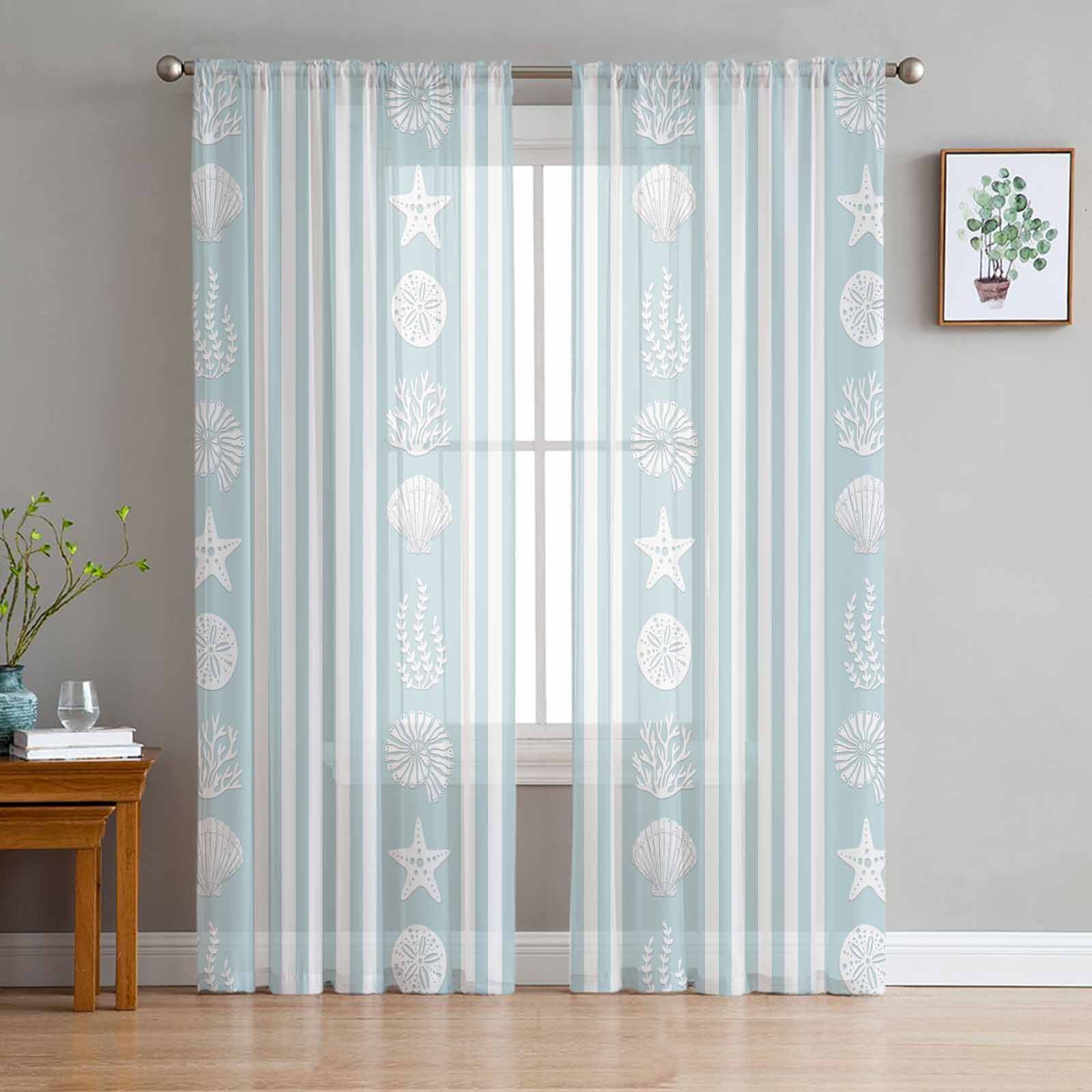 Ocean Striped Star Shells Coral Window Tulle Curtains for Living Room ...