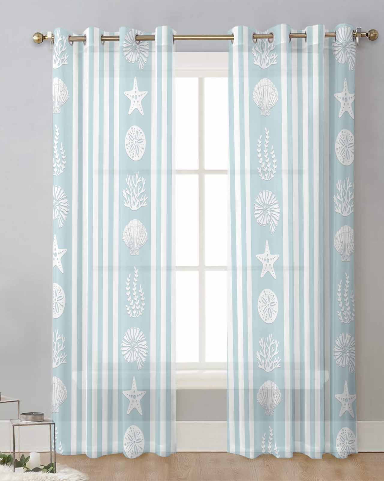 Ocean Striped Star Shells Jelly Coral Blue Voile Curtain Window ...
