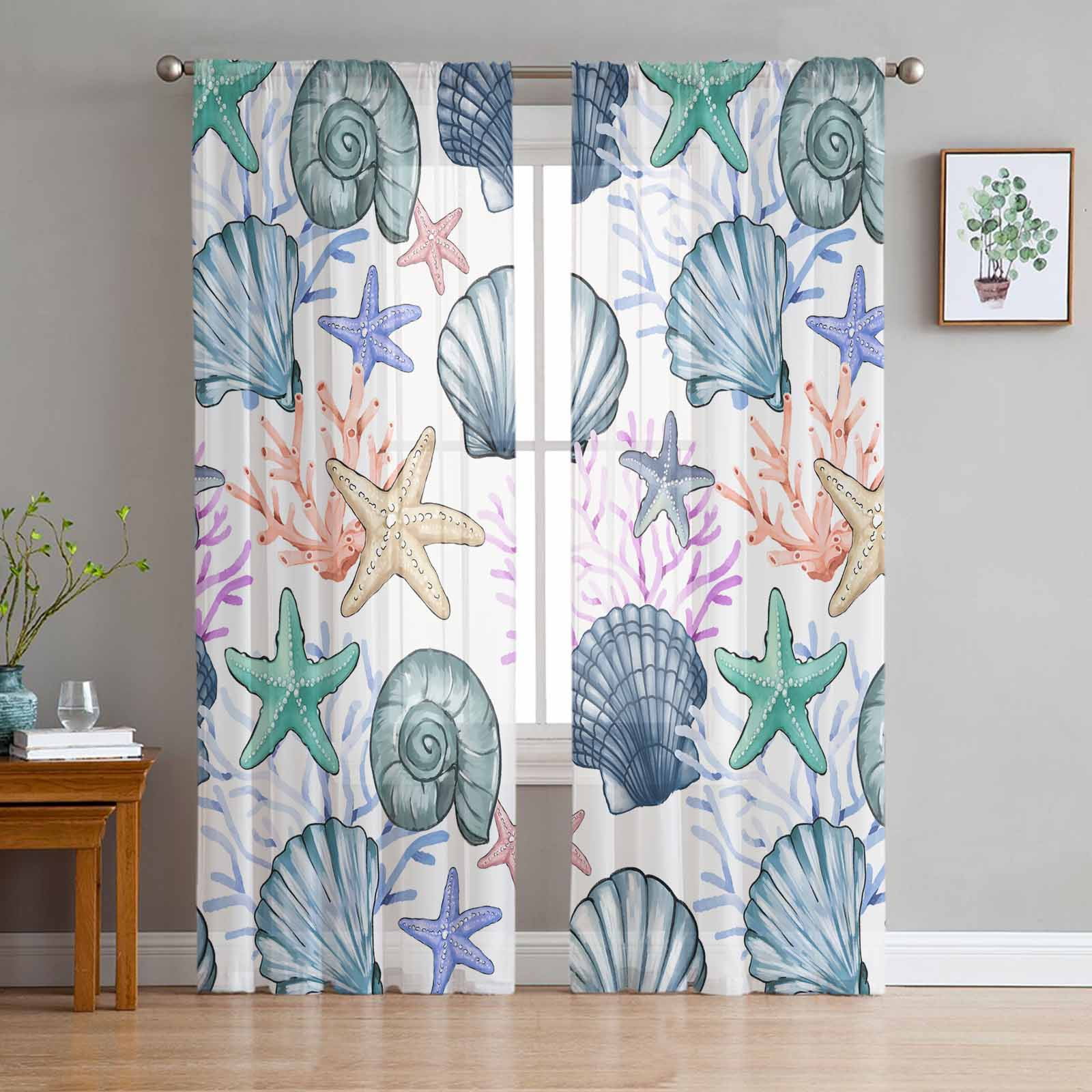 Ocean Summer Shell Star Coral Watercolor Sheer Curtains for Living Room ...
