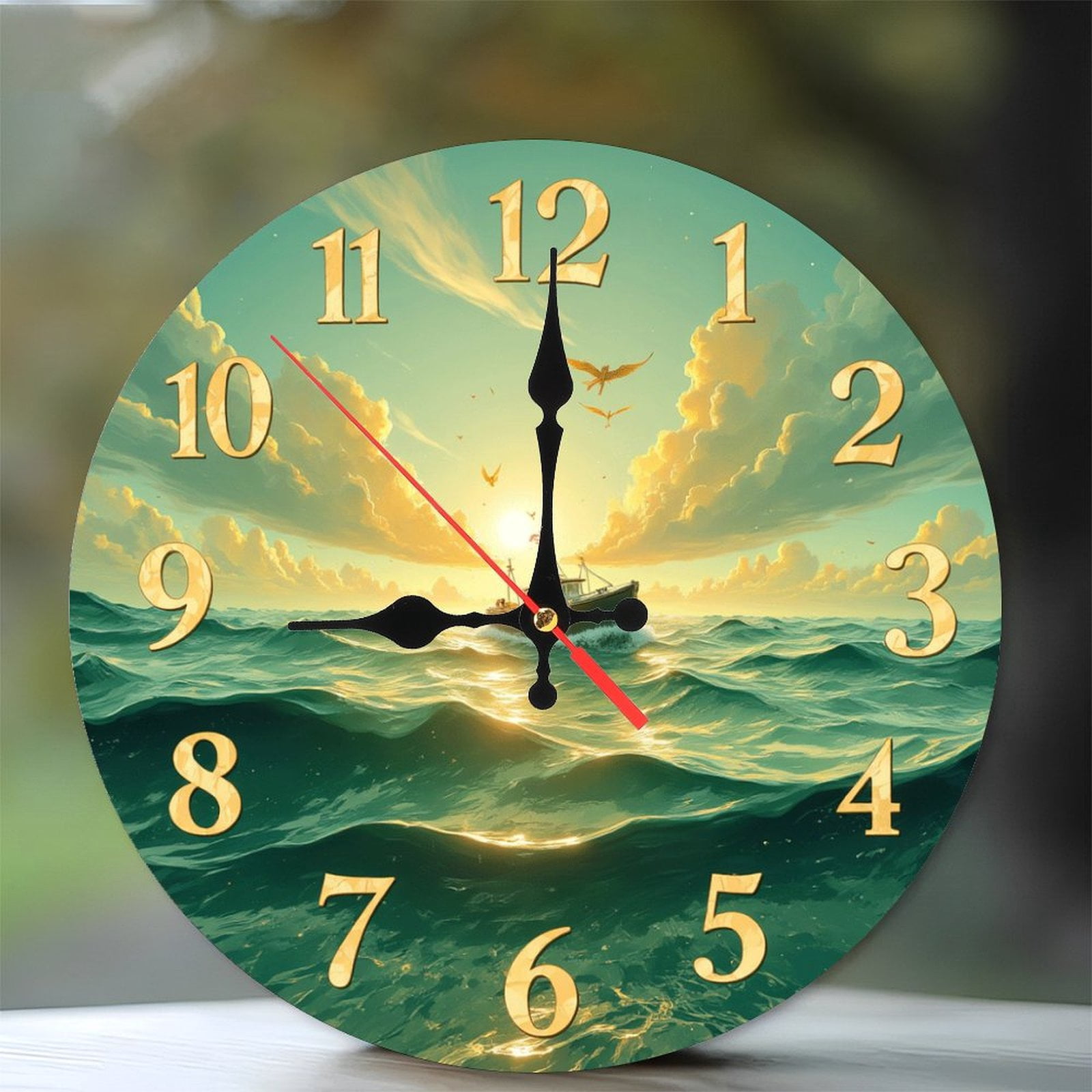 Ocean Sunrise Fishing Boat Wall Clock 10-Inch Silent Wooden Wall Clock ...