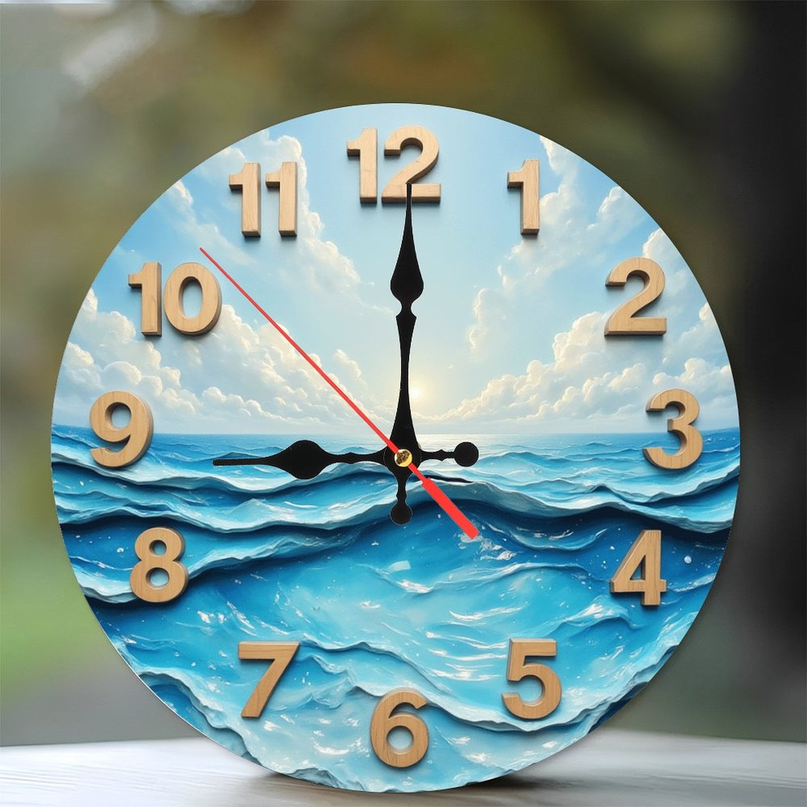 Ocean Sunrise Wall Clock; Textured Waves Decor 10-Inch Silent Wooden ...