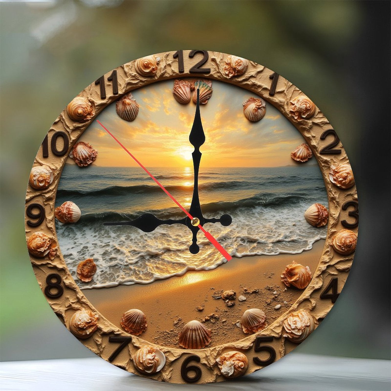 Ocean Sunset Beach Seashell Wall Clock 10-Inch Silent Wooden Wall Clock ...