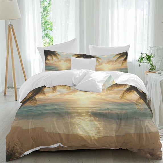 Ocean Sunset Comforter Set Queen Size, Tropical Sandy Beach Palm Trees ...