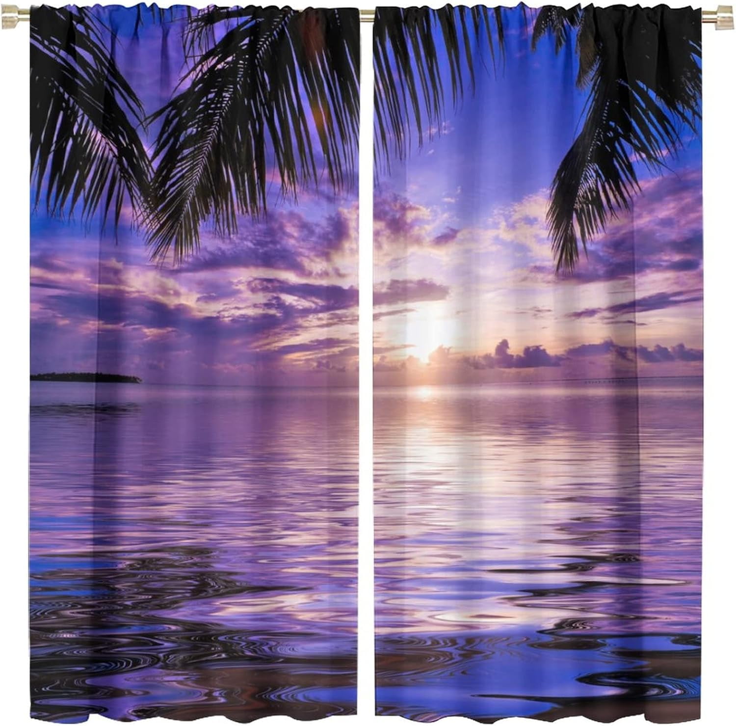 Ocean Sunset Kitchen Window Curtain,Summer Tropical Beach Palm Tree ...