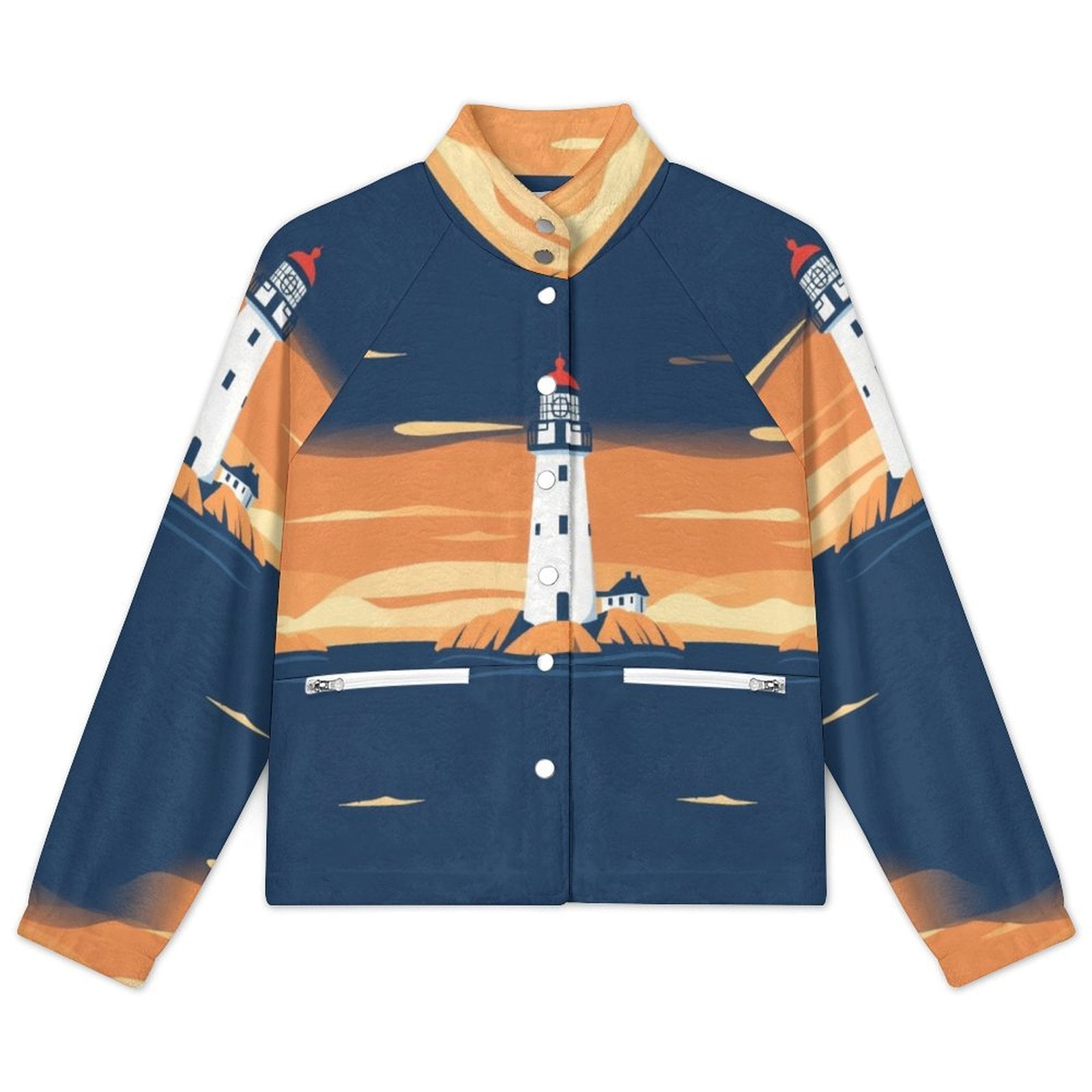 Ocean Sunset Lighthouses Warm Women's Plush Jacket Stand Collar Full ...