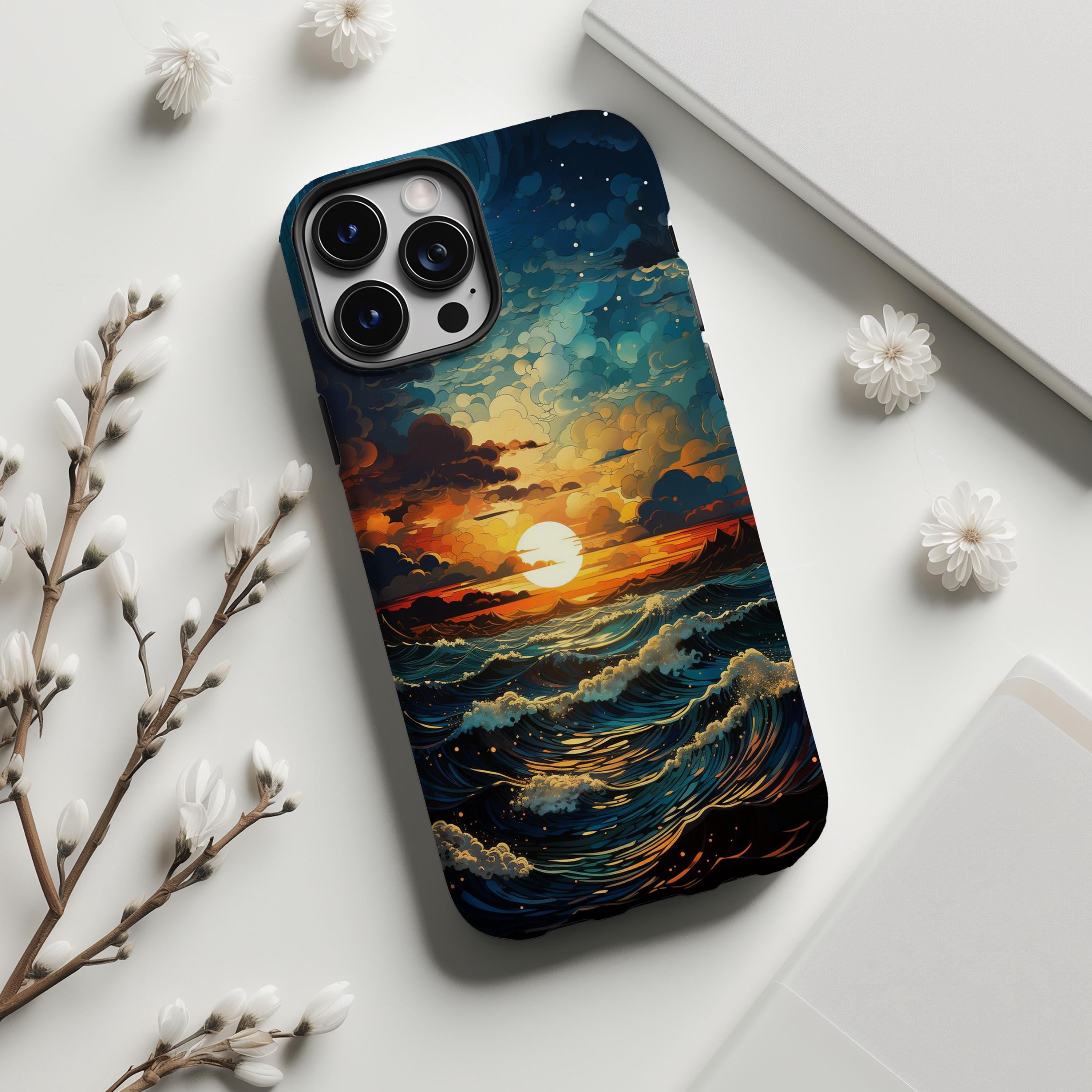 Ocean Sunset Phone Case with Faux Stained Glass Beach Scene 17 11 12 13 ...