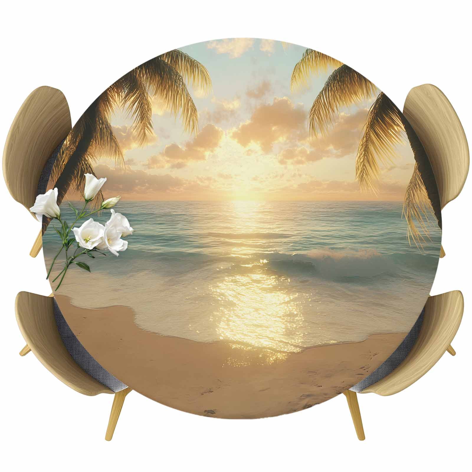 Ocean Sunset Round Fitted Tablecloth with Elastic Edge, Tropical Sandy ...