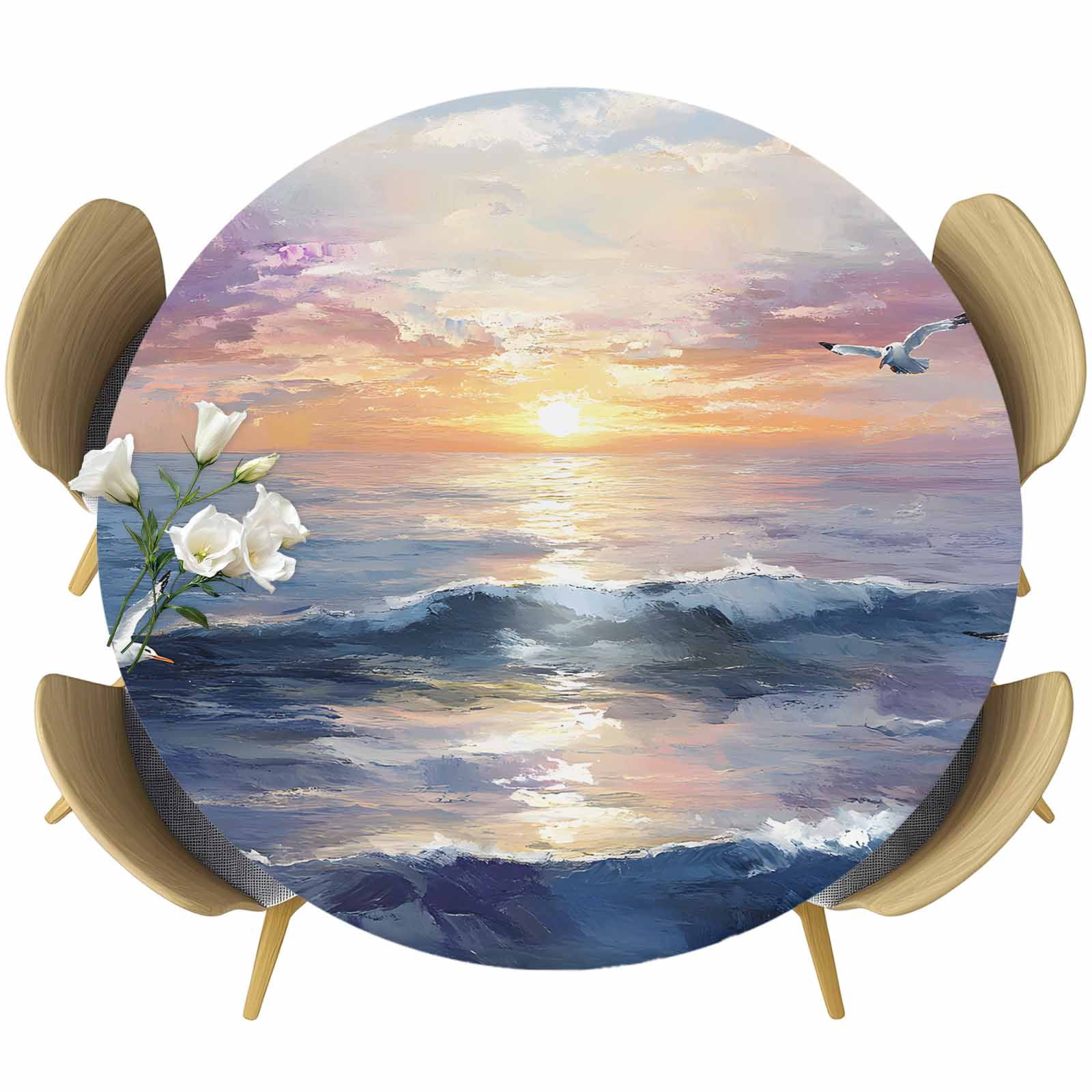 Ocean Sunset Round Tablecloth 36-44 Inch Round Fitted Table Cloth with ...