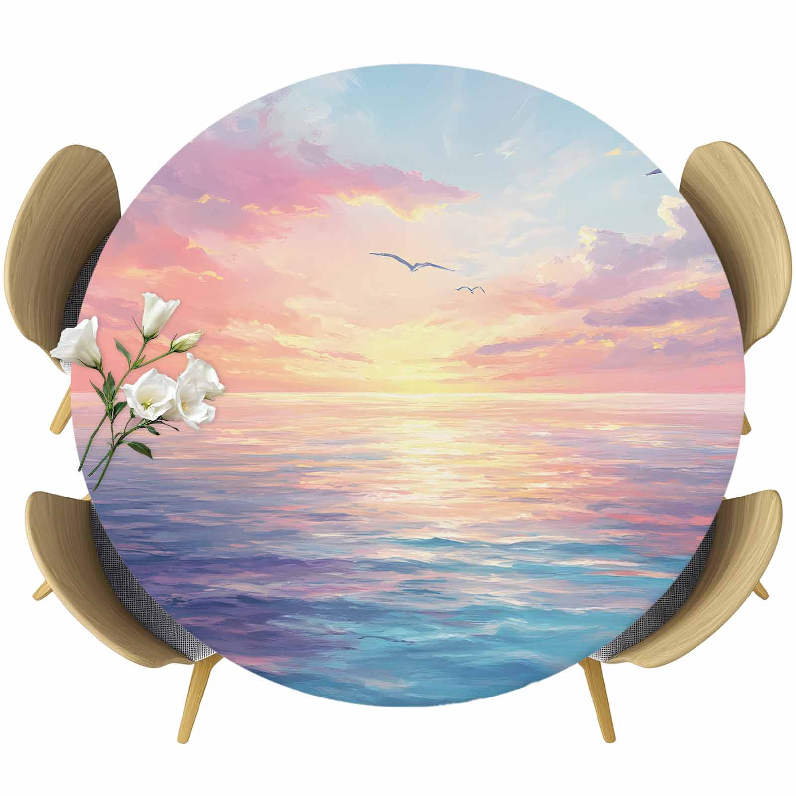 Ocean Sunset Round Tablecloth, Fitted Table Cover with Elastic for 36 ...