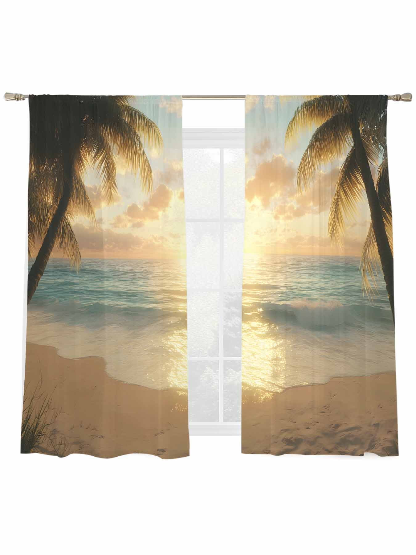 Ocean Sunset Sheer Curtains 72 Inch Long 2 Panels, Tropical Sandy Beach ...