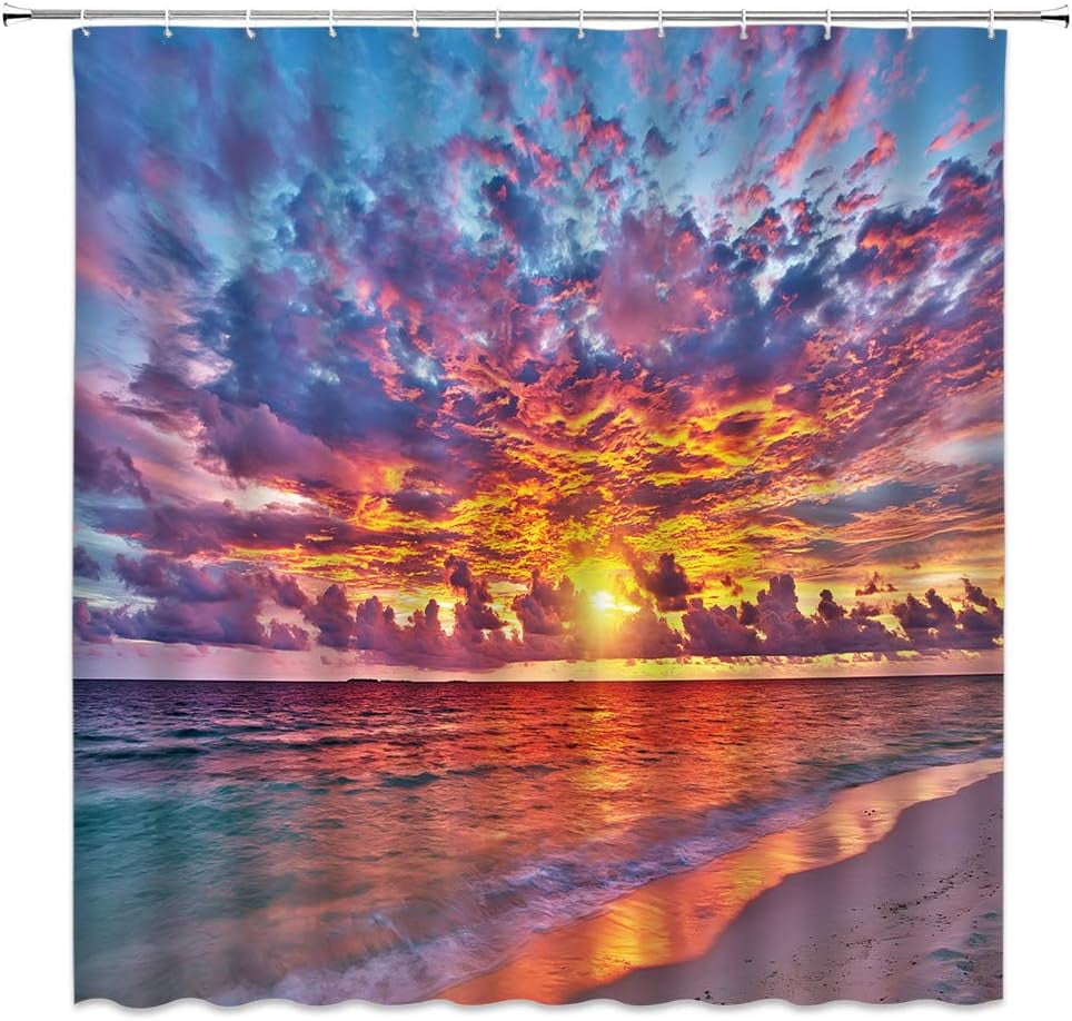 Ocean Sunset Shower Curtain Blue Orange Tropical Sea Beach Waves Exotic ...