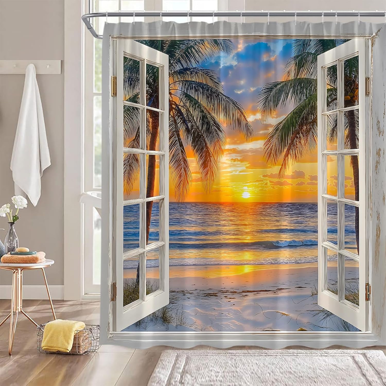 Ocean Sunset Shower Curtain Ocean Beach Sunset Tropical Plam Tree Wihte ...