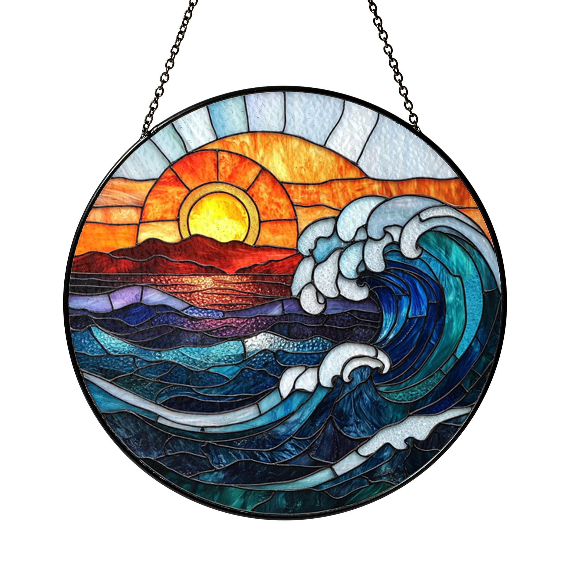 Ocean Sunset Stained Glass Suncatcher, Window Hanging Decor Featuring ...
