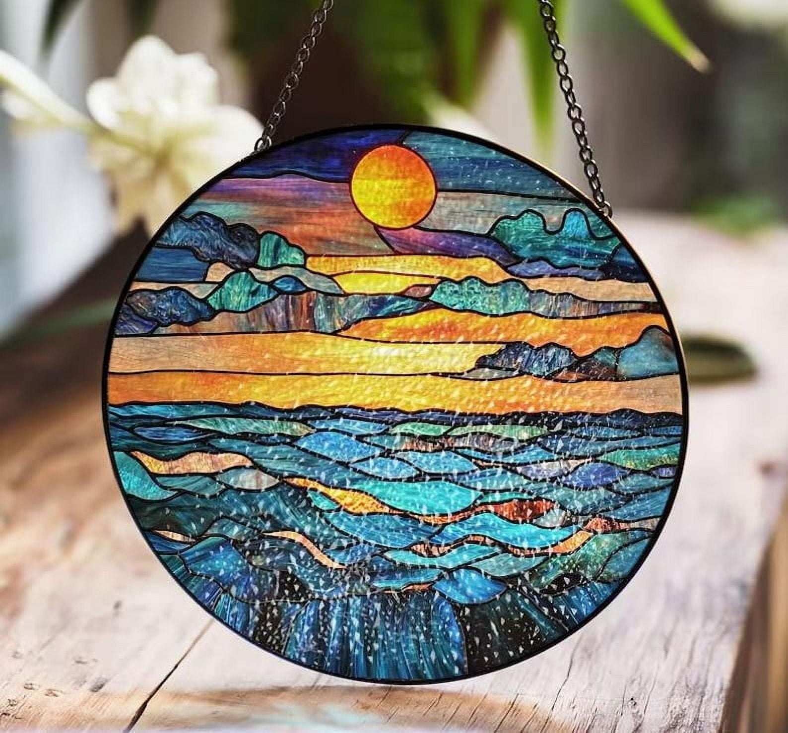 Ocean Sunset Stained Glass, Vibrant Window Hanging, Nautical Suncatcher ...