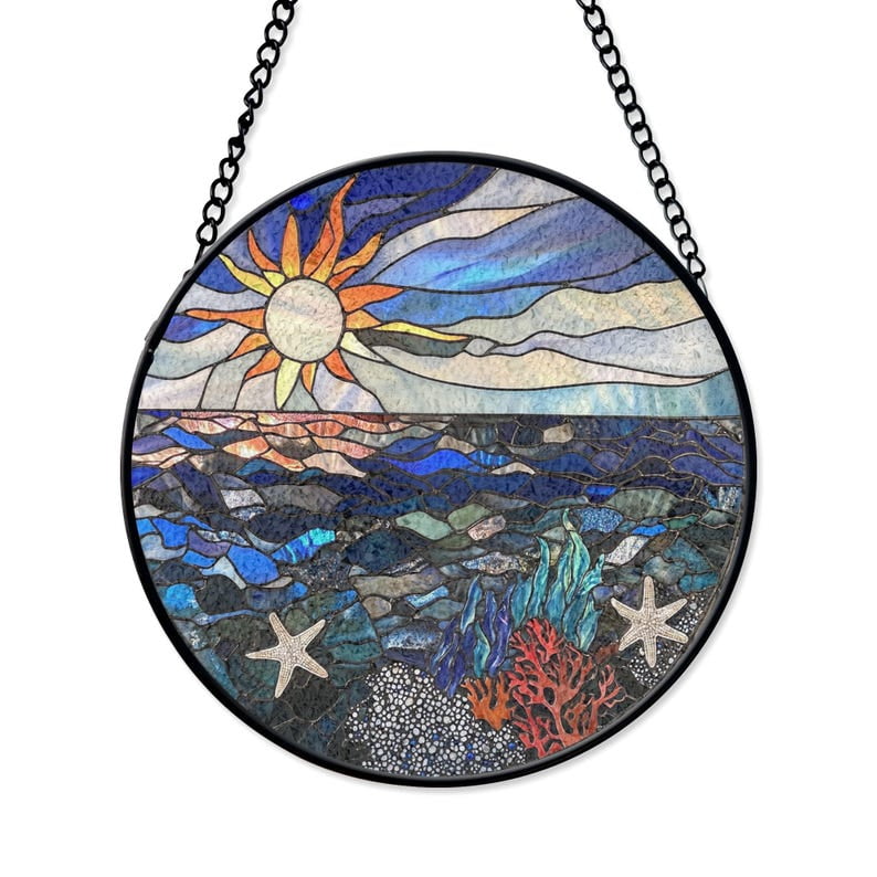 Ocean Sunset Stained Glass Window Hanging with Starfish and Coral ...