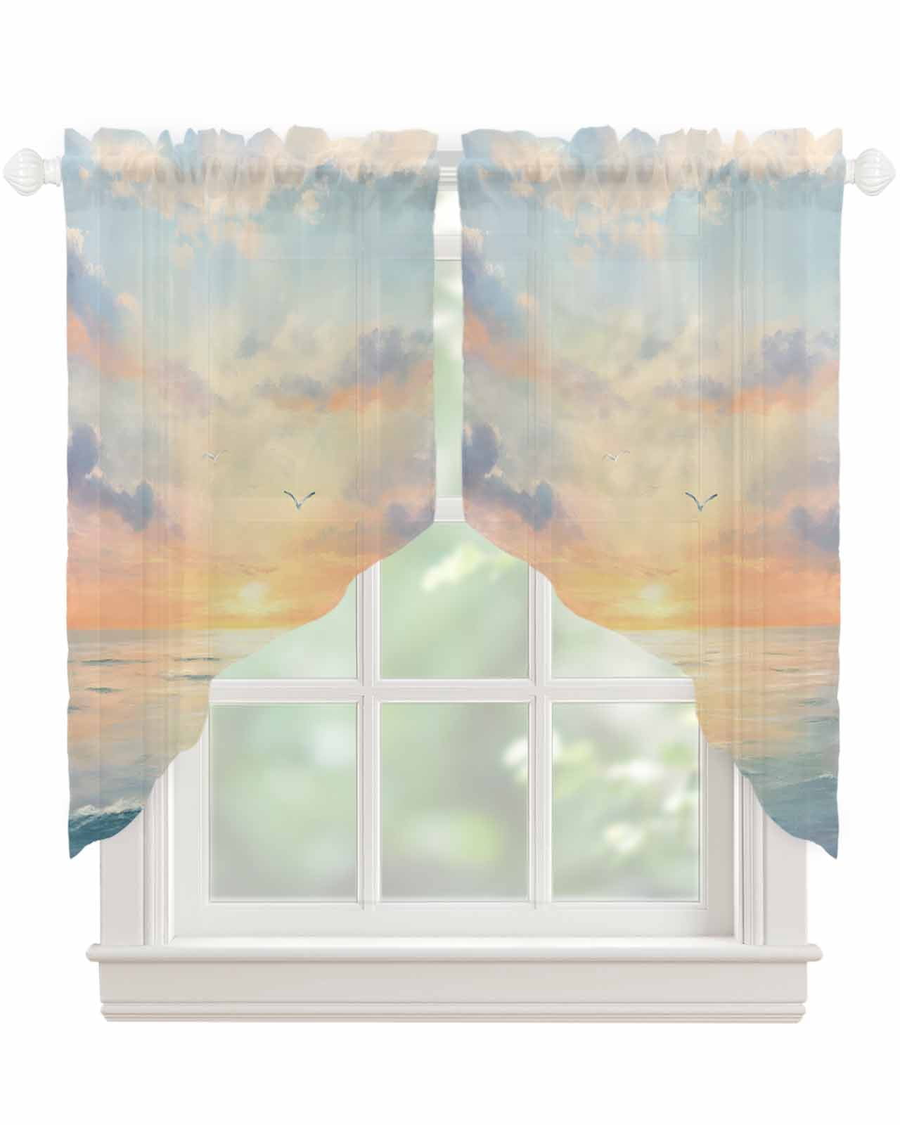 Ocean Sunset Swag Valances for Windows, Modern Orange Blue Oil Painting ...
