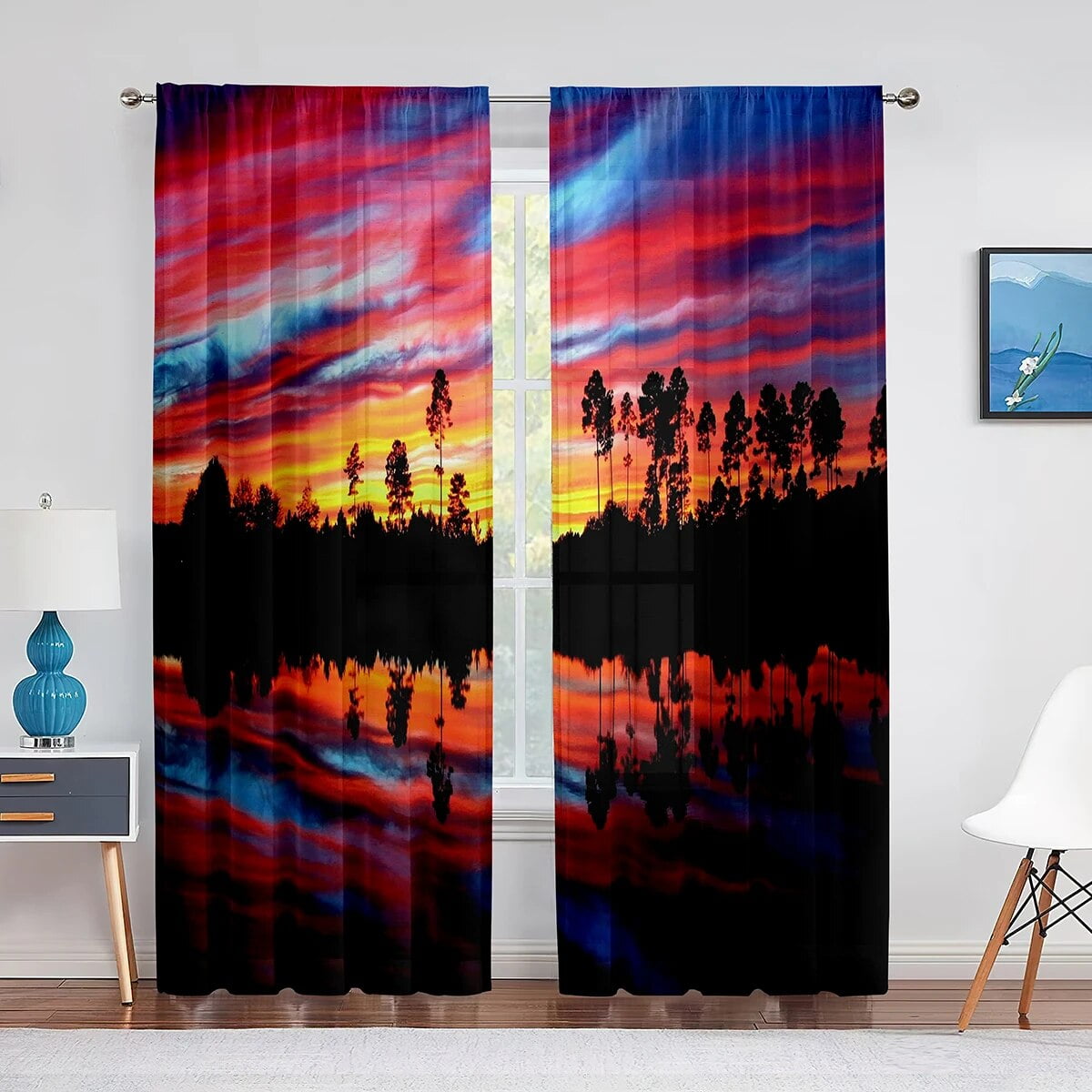 Ocean Sunset Tree Dusk Sky Seaside Sheer Voile Curtain for Living Room ...