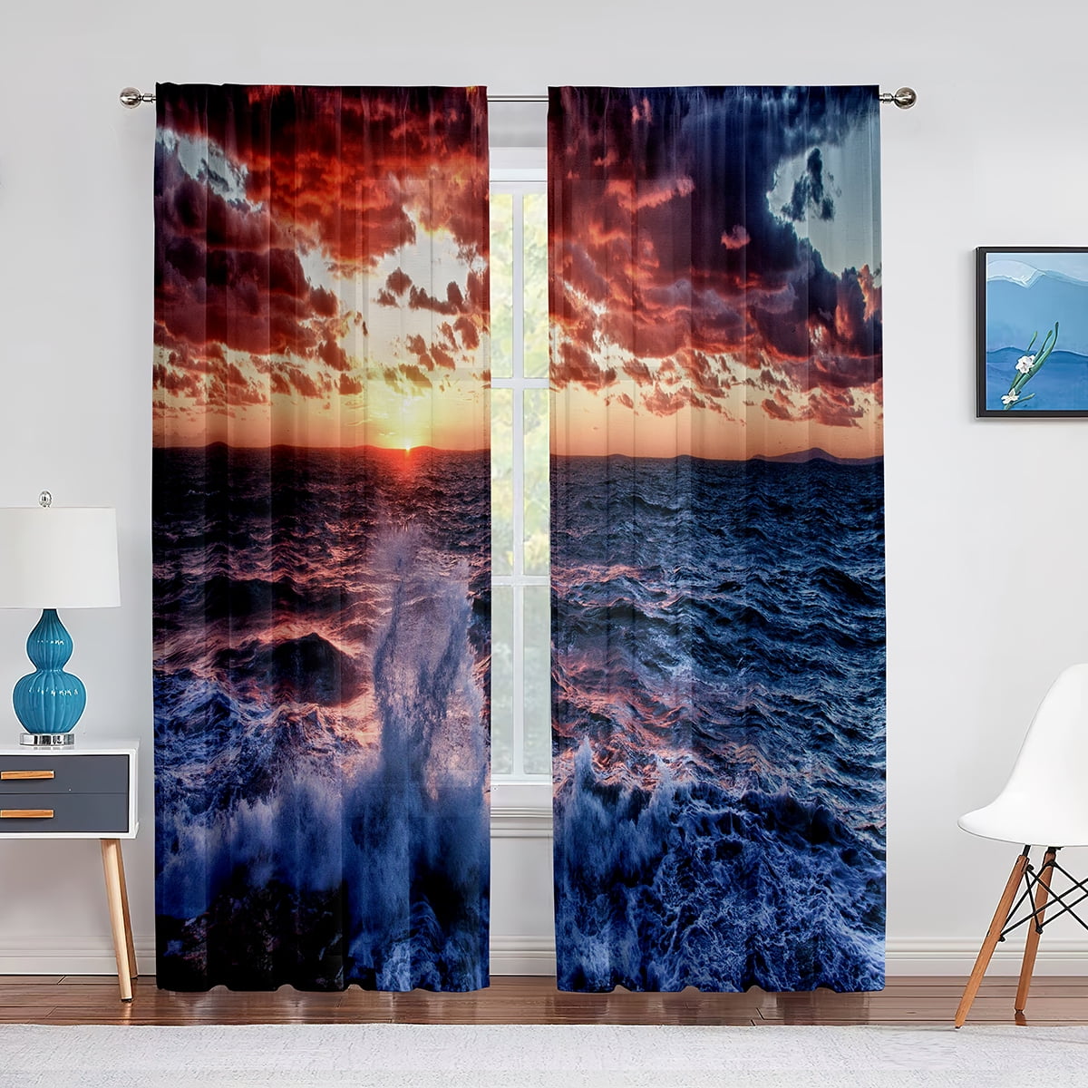 Ocean Sunset Tree Dusk Sky Seaside Sheer Voile Curtain for Living Room ...
